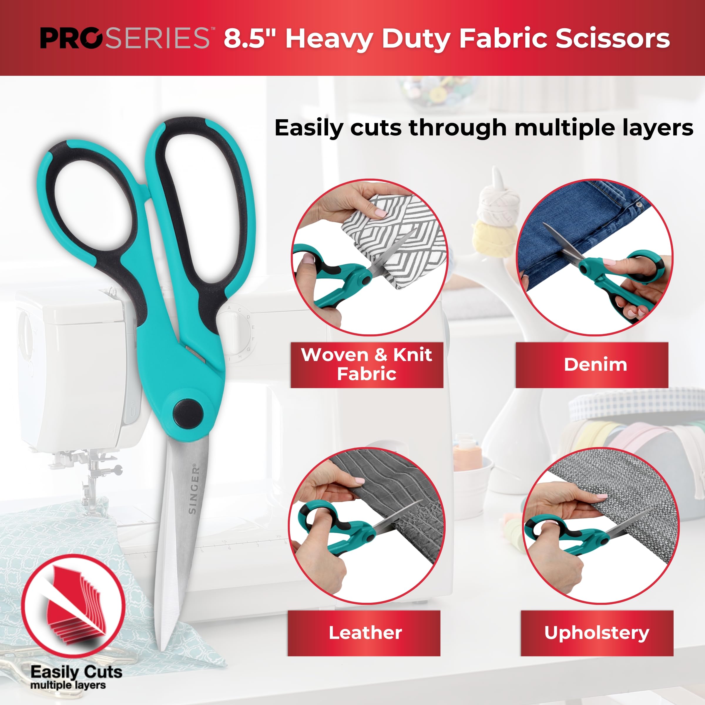 SINGER ProSeries Sewing Scissors Bundle, 8.5" Heavy Duty Fabric Scissors, 4.5" Detail Embroidery Scissors, 5" Thread Snips with Comfort Grip
