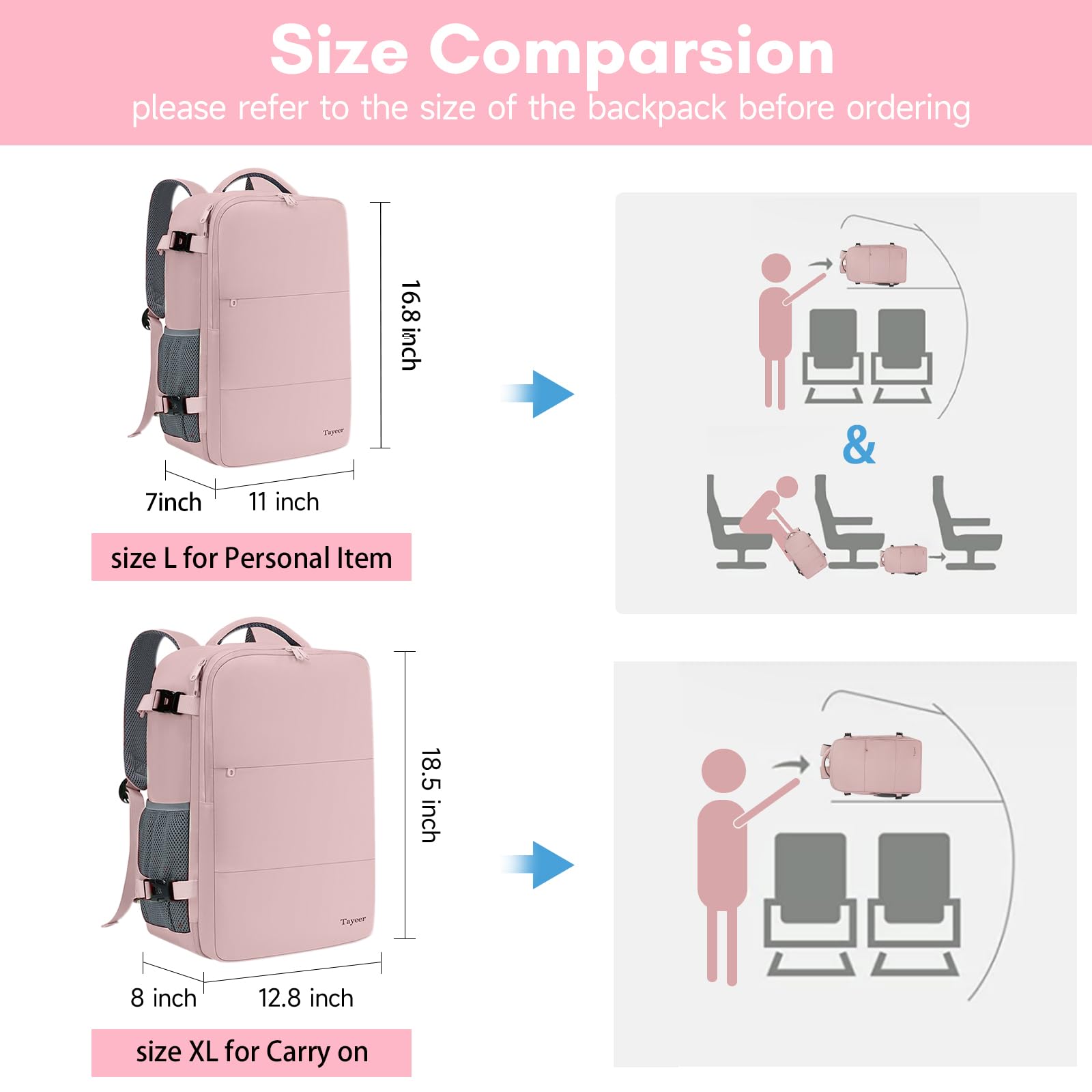 Travel Backpack for Women, Carry On Backpack with USB Charging Port & Shoe Pouch, TSA 15.6inch Laptop Backpack Flight Approved, College School Bag Casual Daypack for Weekender Business Hiking, Pink
