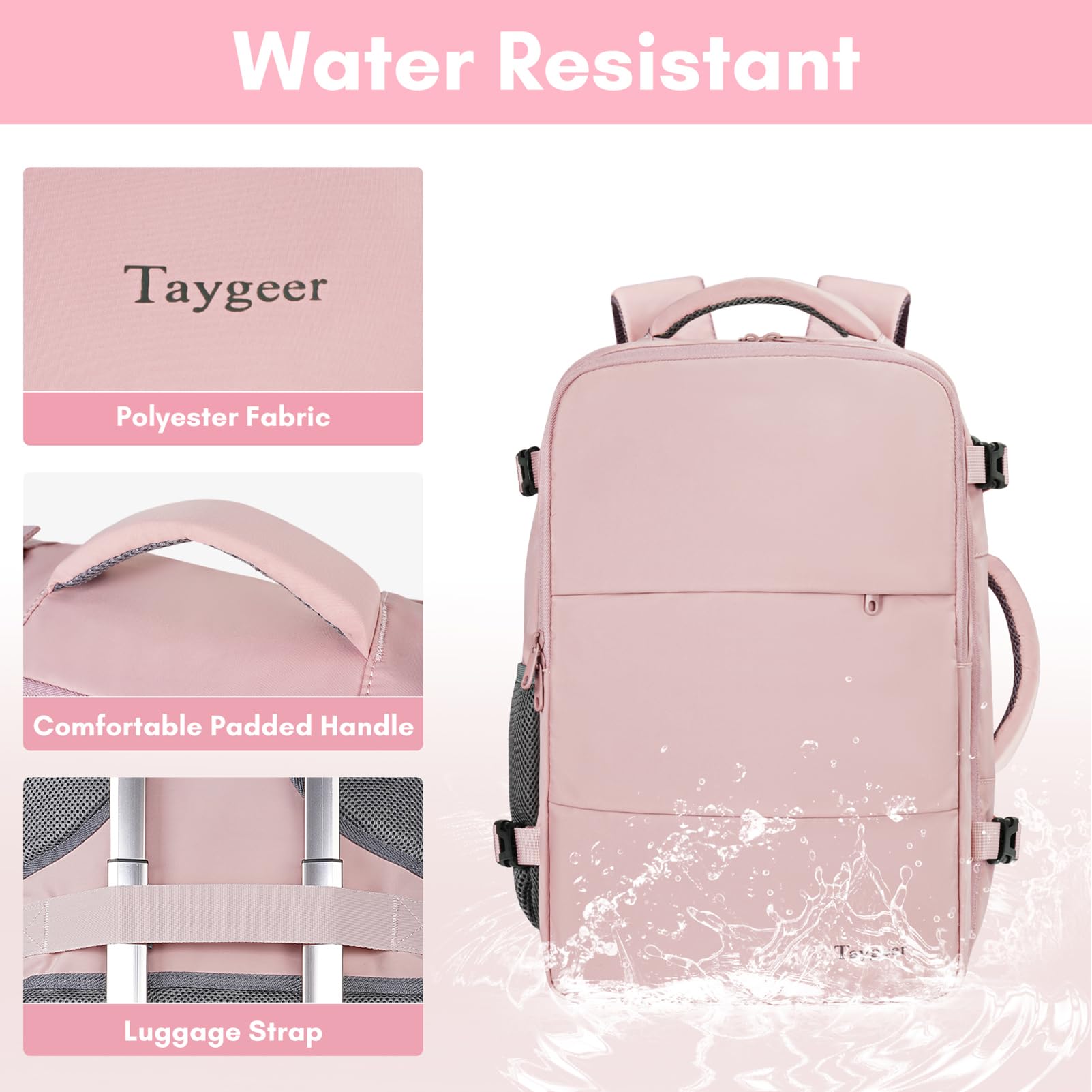Travel Backpack for Women, Carry On Backpack with USB Charging Port & Shoe Pouch, TSA 15.6inch Laptop Backpack Flight Approved, College School Bag Casual Daypack for Weekender Business Hiking, Pink
