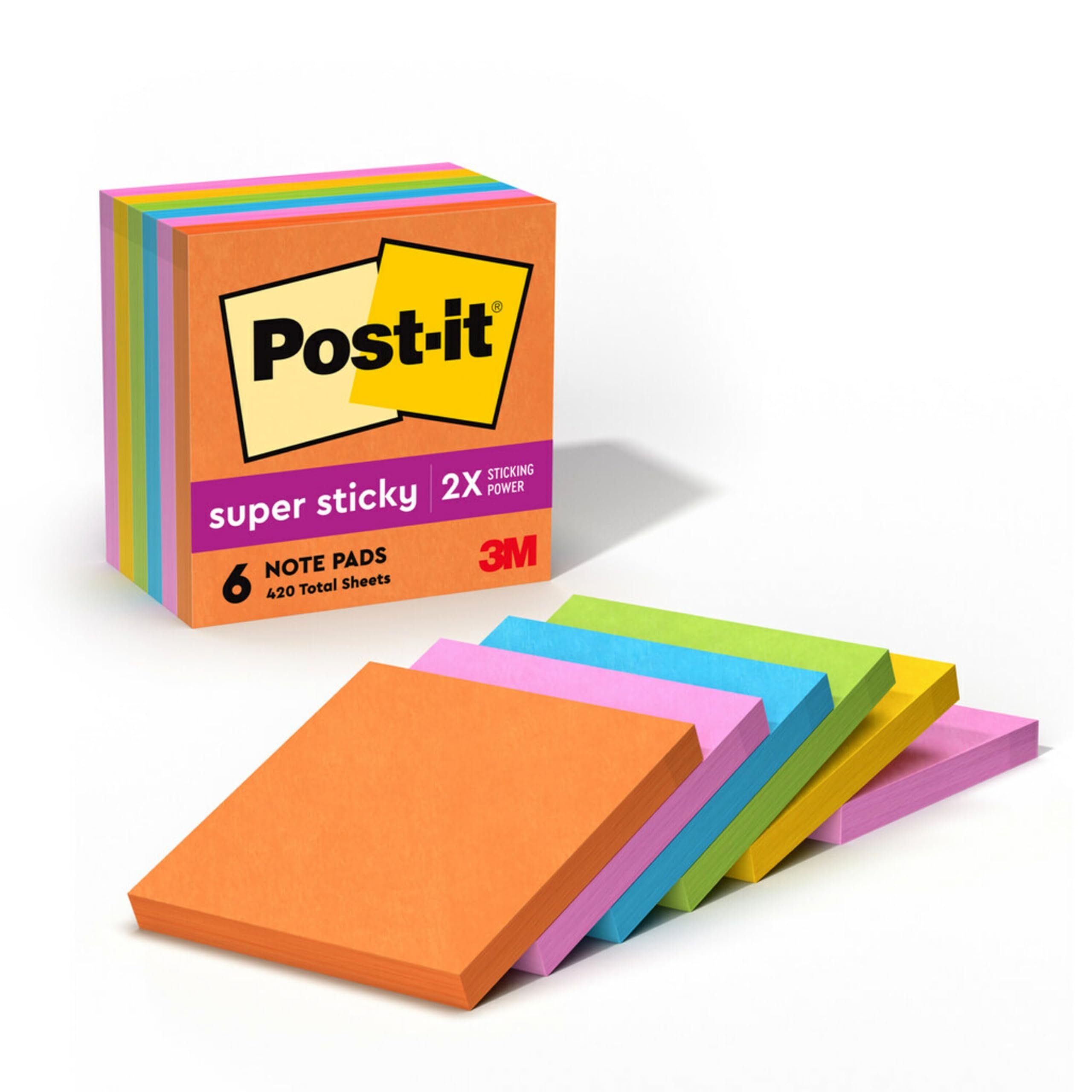 Post-it Super Sticky Notes, 4x4 in, 6 Pads, 2x the Sticking Power, Energy Boost, Bright Colors (Orange, Pink, Blue, Green), Recyclable(675-6SSAN)