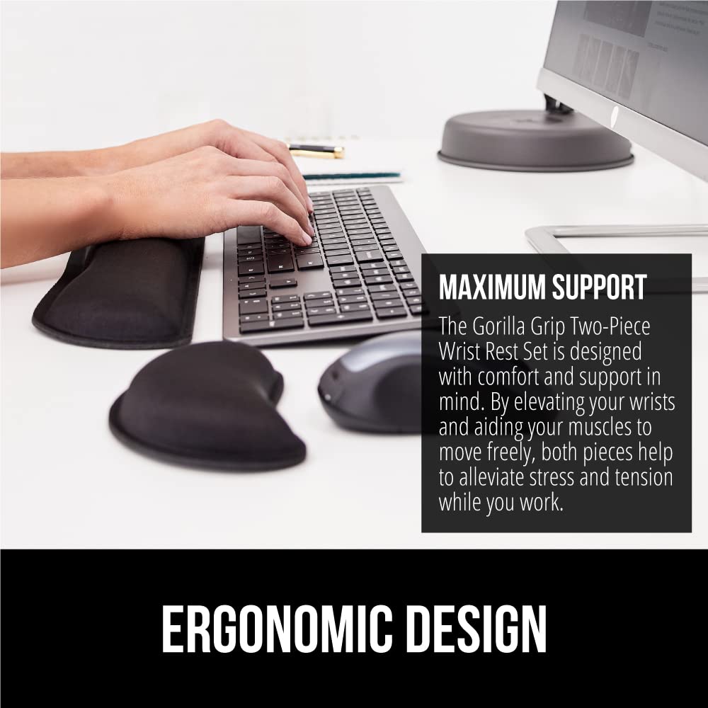 Gorilla Grip Soft Gel Memory Foam Ergonomic Wrist Rest, Slip Resistant, Comfortable Keyboard and Mouse Pad Cushion Set, Typing Pain Relief, Support for Office Computer Desks, Laptops, Gaming, Black