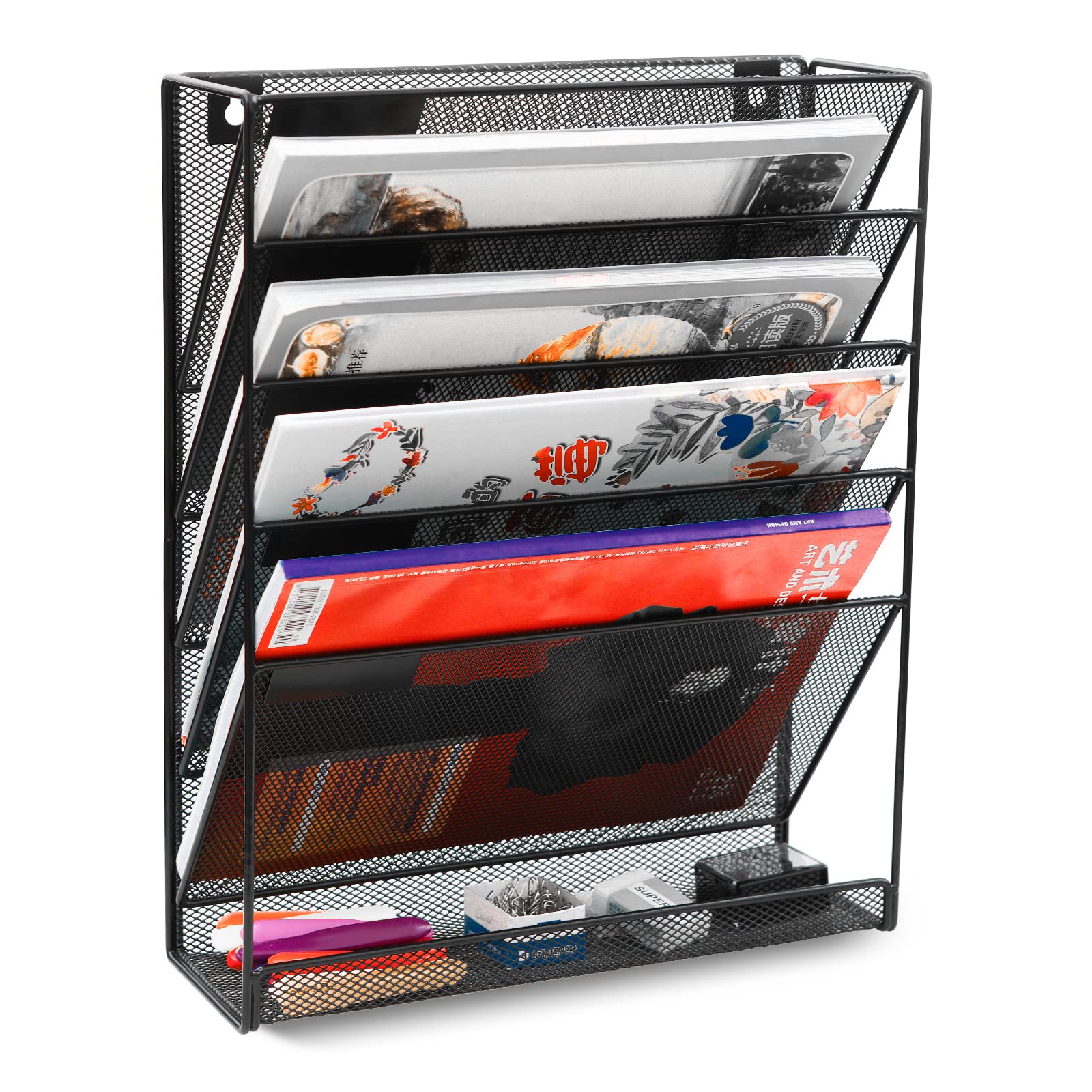 EasyPAG File Organizer Mesh 5 Tier Vertical Hanging Wall File Holder with Bottom Flat Tray ,Black