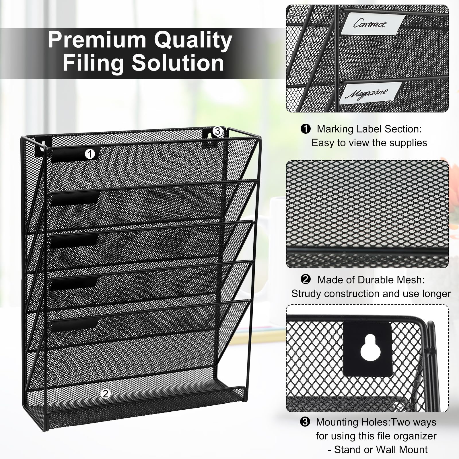 EasyPAG File Organizer Mesh 5 Tier Vertical Hanging Wall File Holder with Bottom Flat Tray ,Black