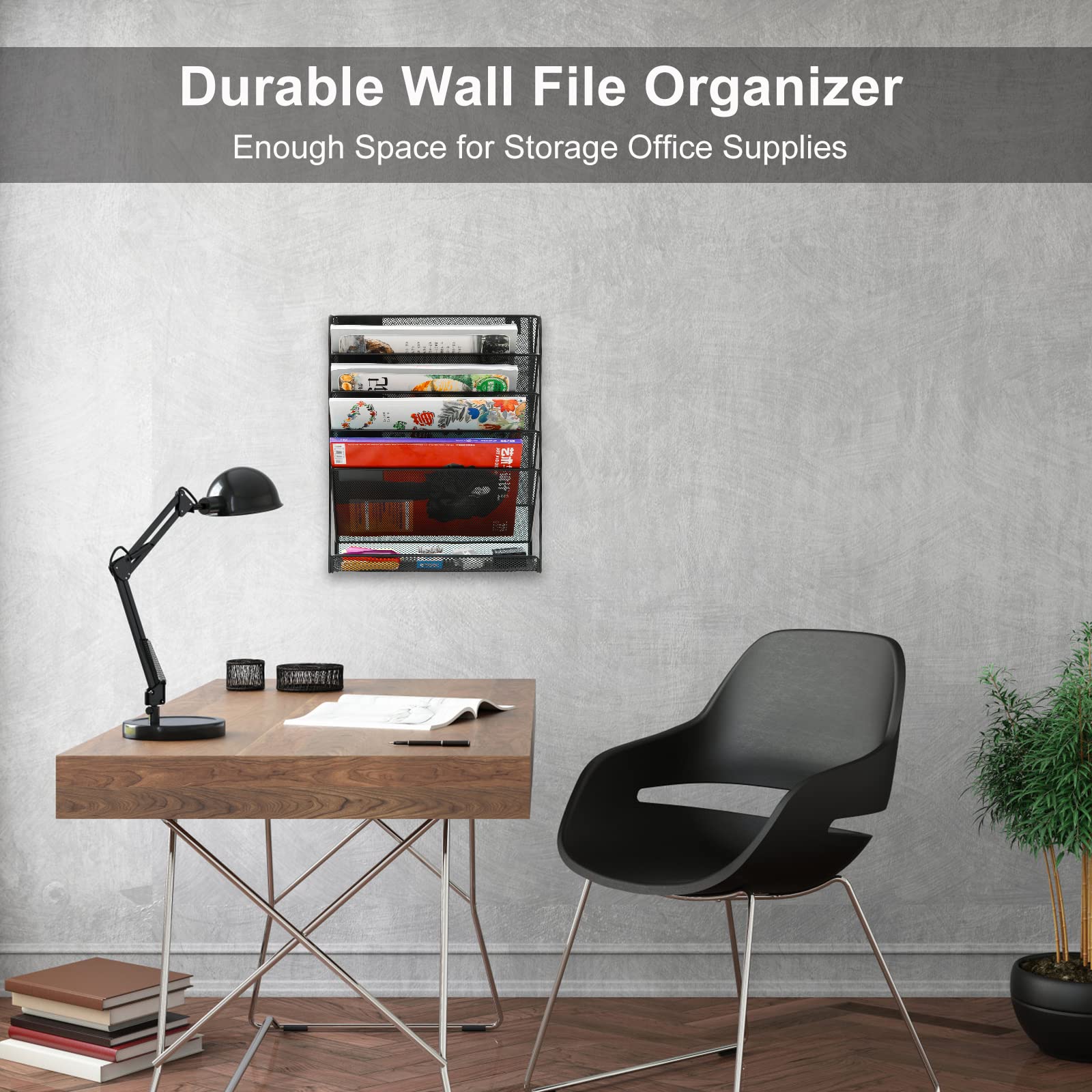 EasyPAG File Organizer Mesh 5 Tier Vertical Hanging Wall File Holder with Bottom Flat Tray ,Black
