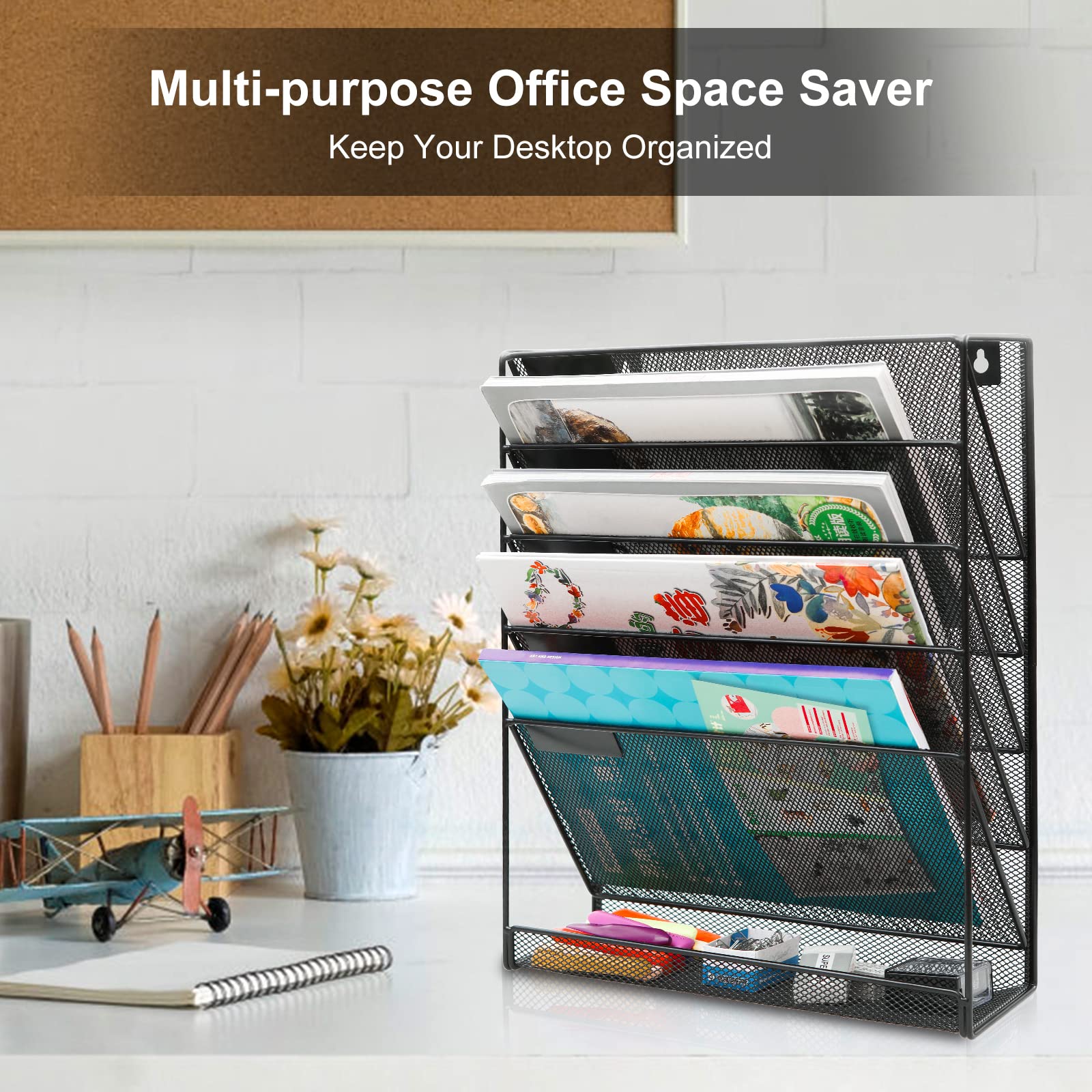 EasyPAG File Organizer Mesh 5 Tier Vertical Hanging Wall File Holder with Bottom Flat Tray ,Black