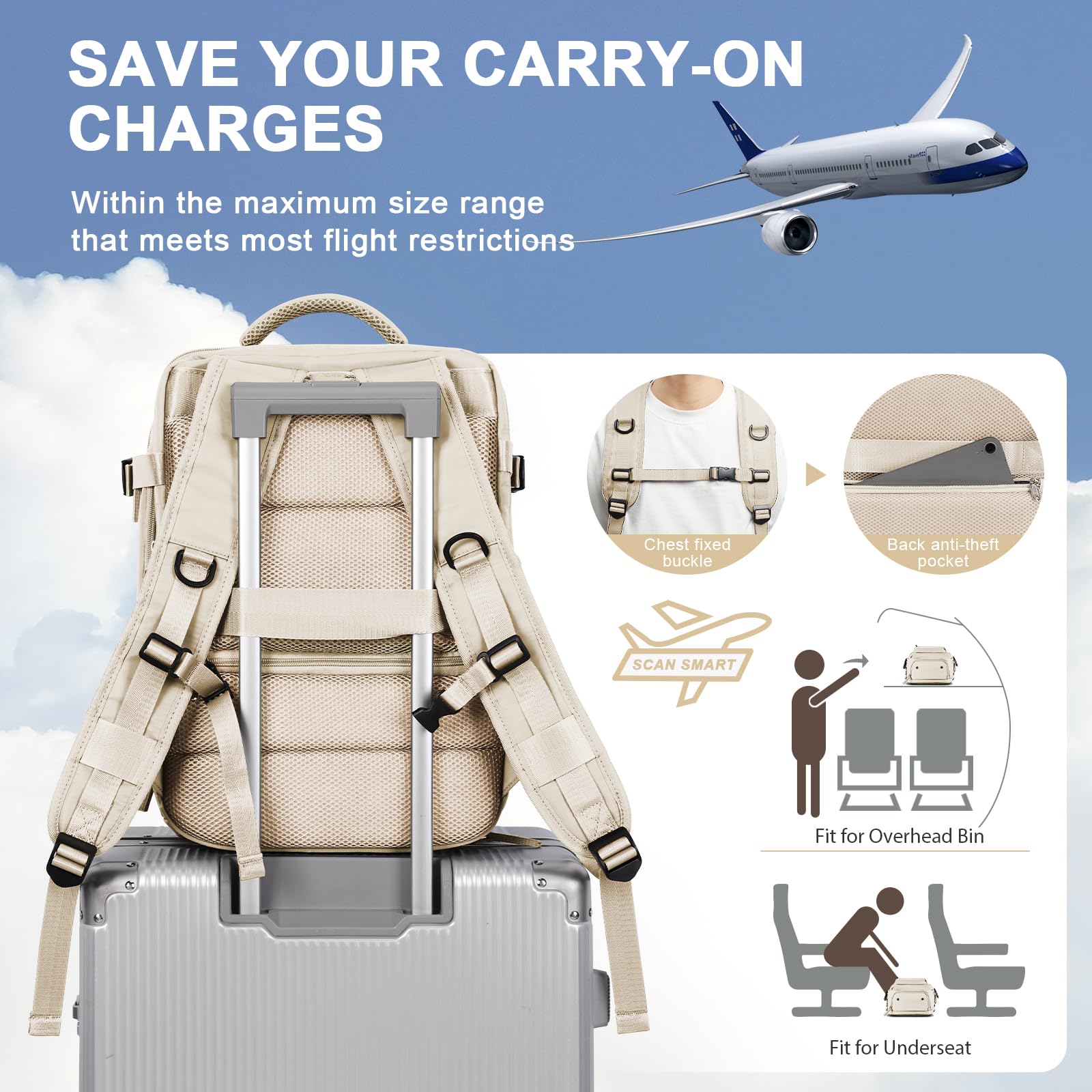 Large Travel Backpack Women, Carry On Backpack,Hiking Backpack Waterproof Outdoor Sports Rucksack Casual Daypack School Bag Fit 14 Inch Laptop with USB Charging Port Shoes Compartment