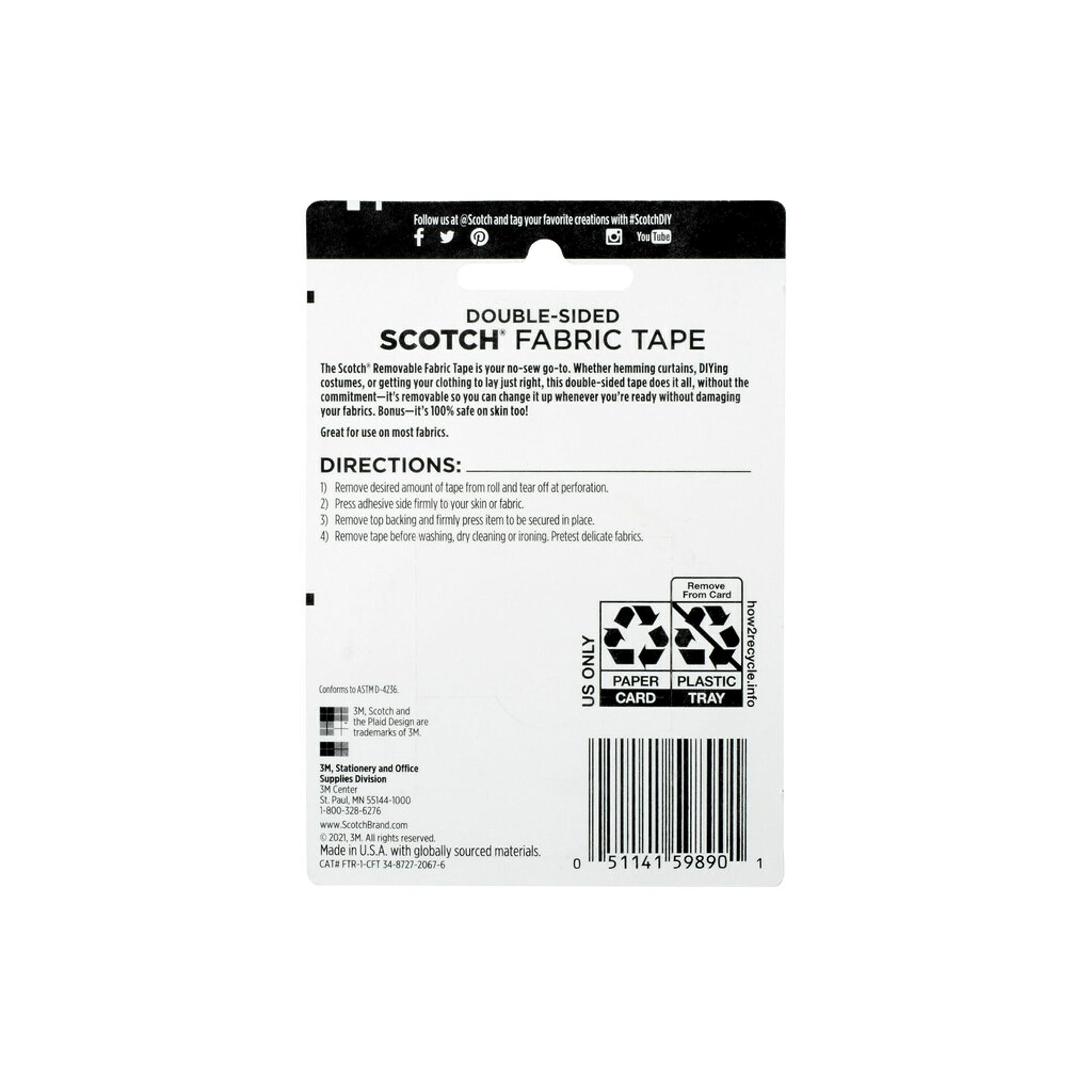 Scotch Removable Fabric Tape, 3/4 in x 180 in, 1/Pack, Removable and Double Sided (FTR-1-CFT)