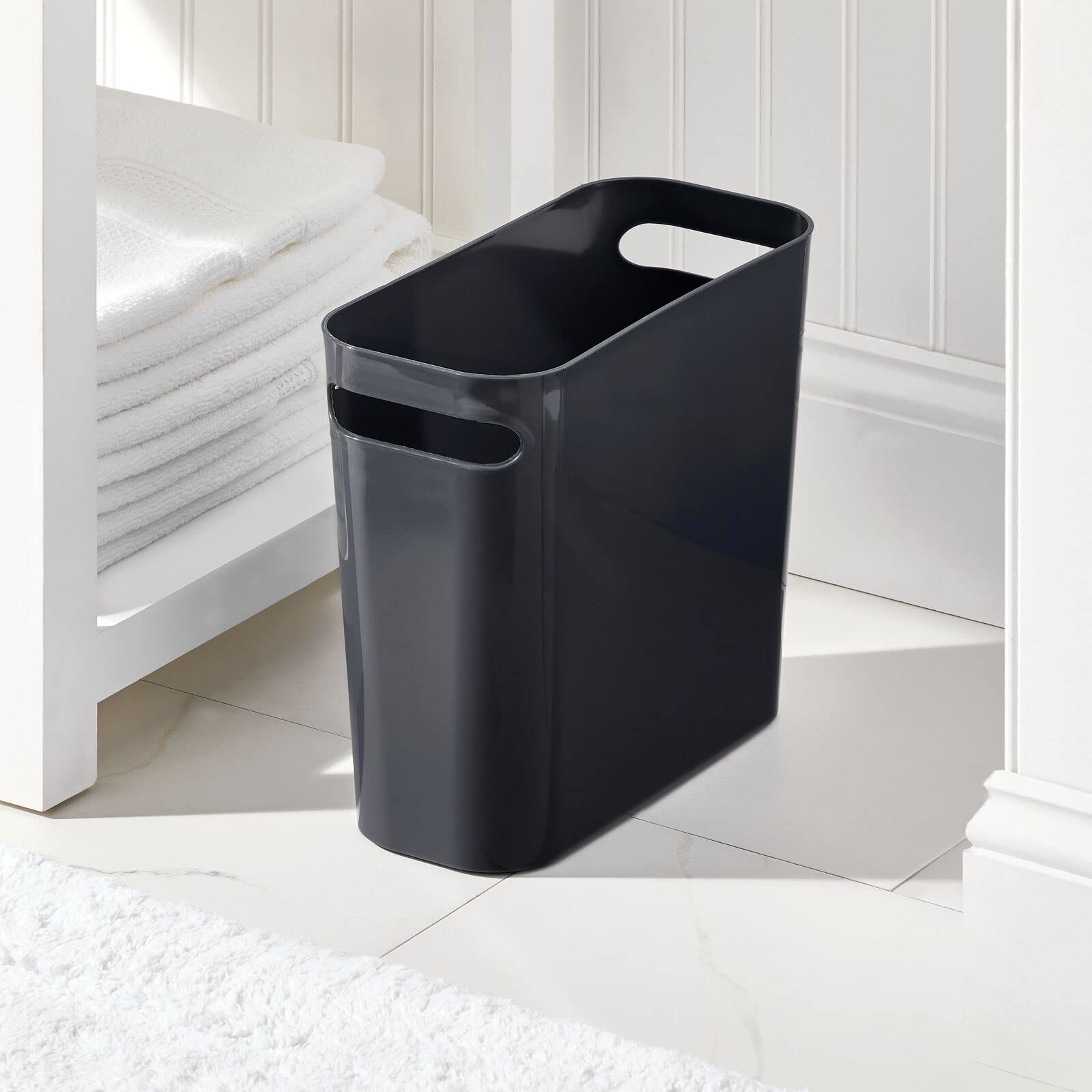 mDesign Plastic Small Trash Can, 1.5 Gallon/5.7-Liter Wastebasket, Narrow Garbage Bin with Handles for Bathroom, Laundry, Home Office - Holds Waste, Recycling, 10" High - Aura Collection, White
