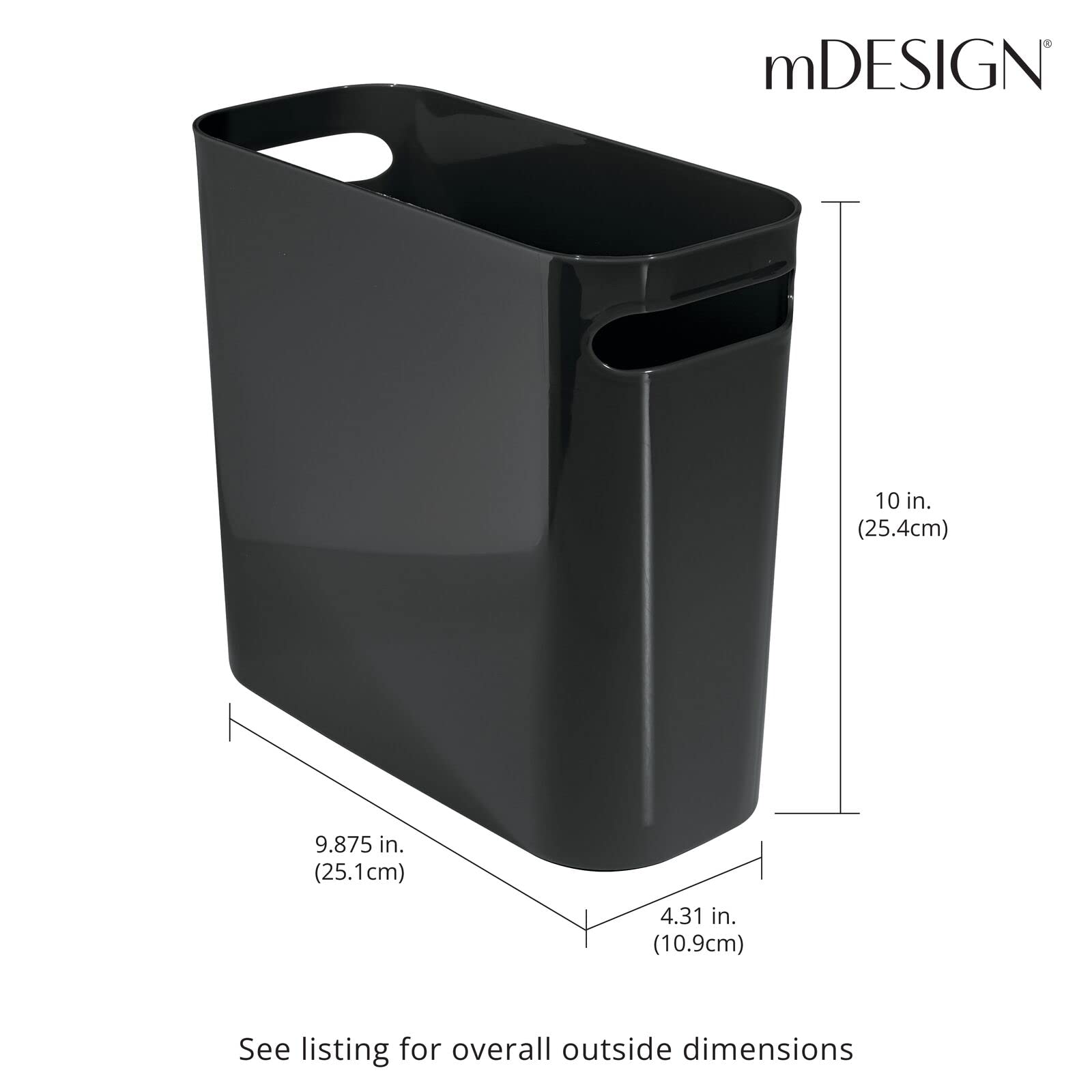 mDesign Plastic Small Trash Can, 1.5 Gallon/5.7-Liter Wastebasket, Narrow Garbage Bin with Handles for Bathroom, Laundry, Home Office - Holds Waste, Recycling, 10" High - Aura Collection, White