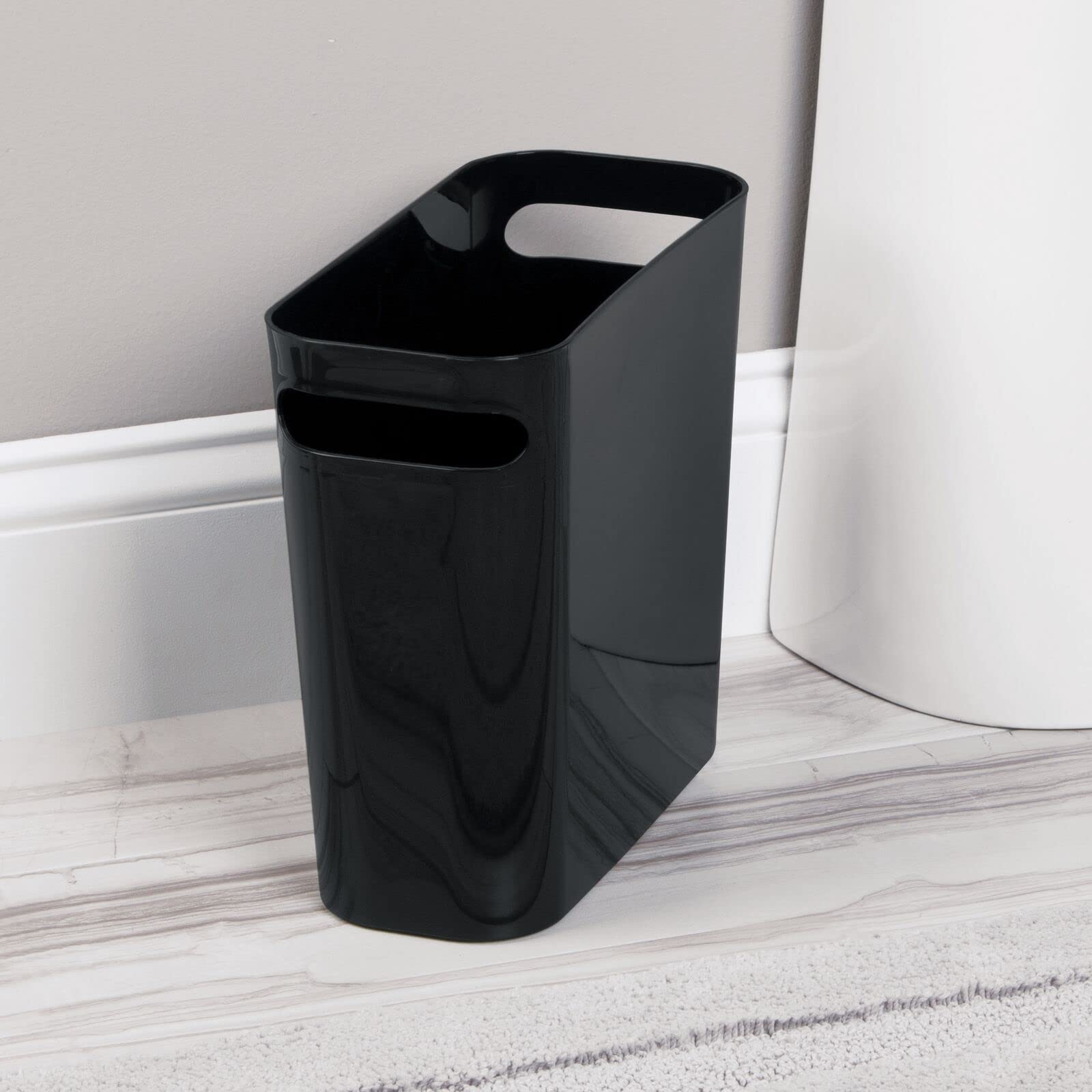 mDesign Plastic Small Trash Can, 1.5 Gallon/5.7-Liter Wastebasket, Narrow Garbage Bin with Handles for Bathroom, Laundry, Home Office - Holds Waste, Recycling, 10" High - Aura Collection, White