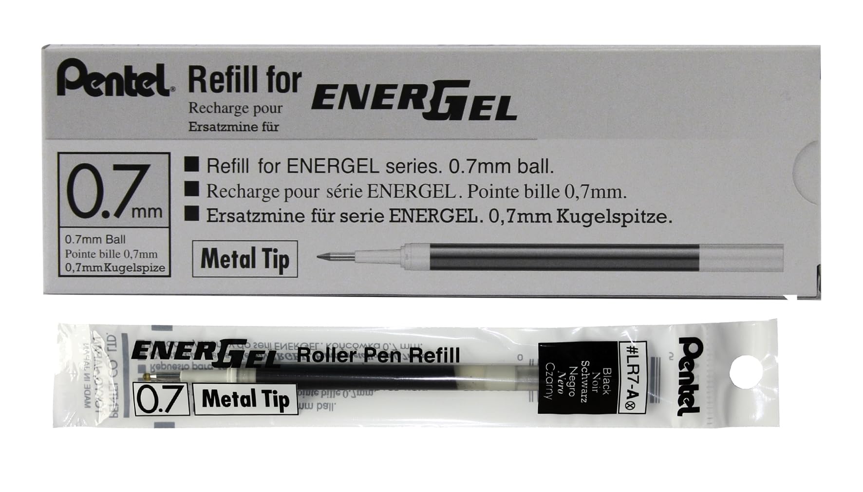 Pentel Refill Ink for BL57/BL77 EnerGel Liquid Gel Pen, Box of 12, 0.7mm, Metal Tip, Black Ink (LR7-A-12)