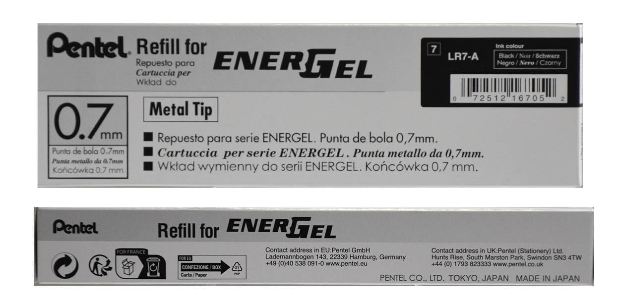 Pentel Refill Ink for BL57/BL77 EnerGel Liquid Gel Pen, Box of 12, 0.7mm, Metal Tip, Black Ink (LR7-A-12)