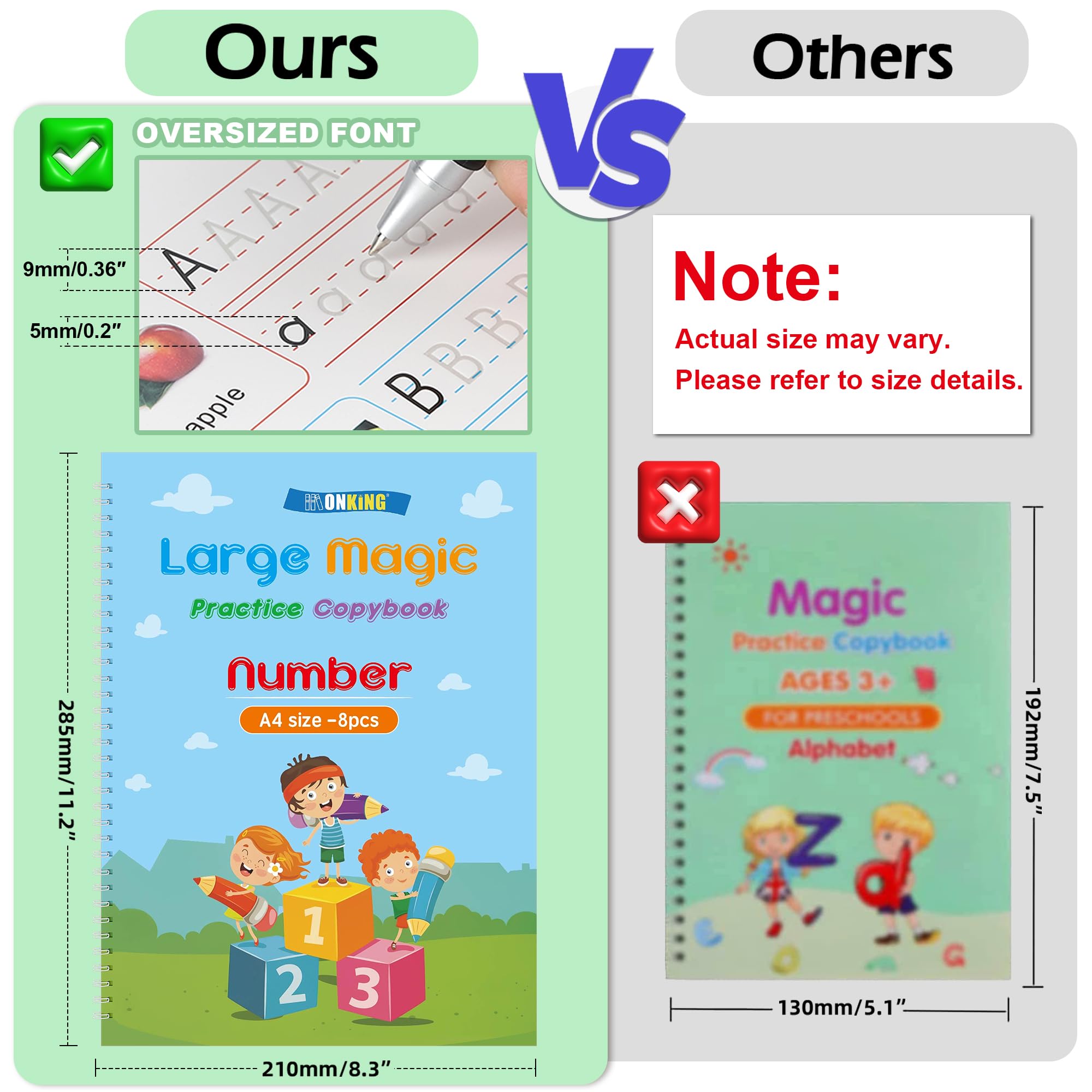 Monking 4Pc Large Magic Practice Copybook for Kids,Handwriting Practice Book 4 Pack with Pen Refill English Cursive Calligraphy Reusable Age 3-8 ,11.4x8.3Inch (4pc+2 pen)