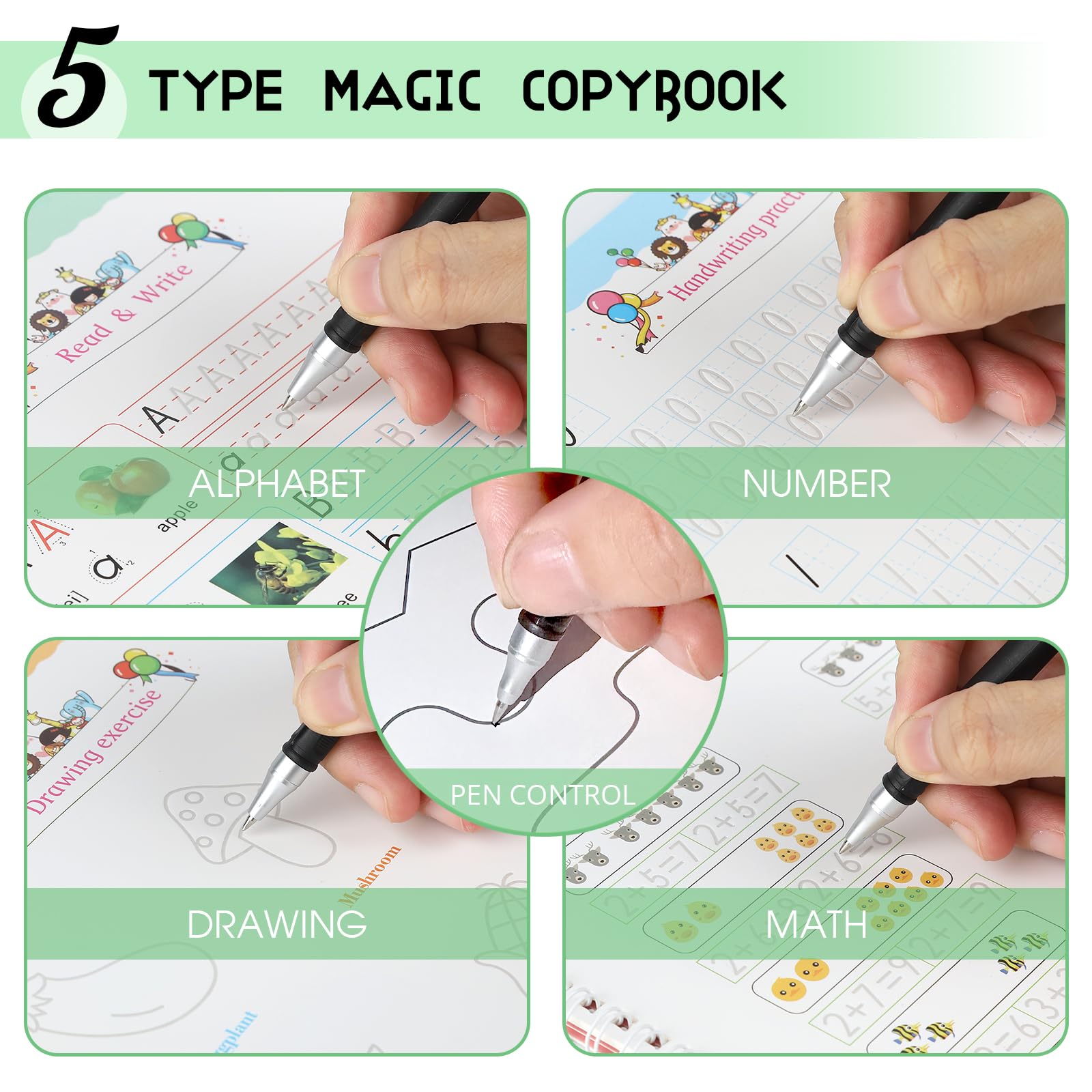 Monking 4Pc Large Magic Practice Copybook for Kids,Handwriting Practice Book 4 Pack with Pen Refill English Cursive Calligraphy Reusable Age 3-8 ,11.4x8.3Inch (4pc+2 pen)