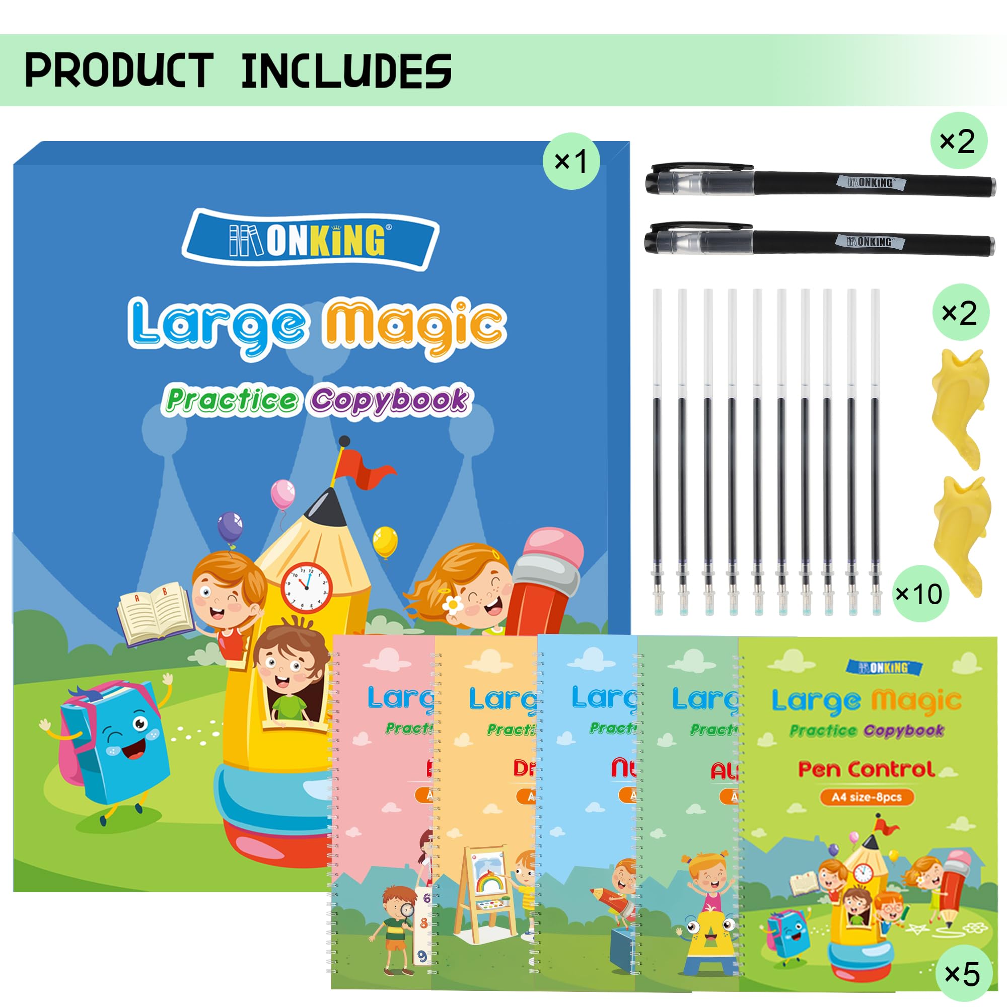 Monking 4Pc Large Magic Practice Copybook for Kids,Handwriting Practice Book 4 Pack with Pen Refill English Cursive Calligraphy Reusable Age 3-8 ,11.4x8.3Inch (4pc+2 pen)