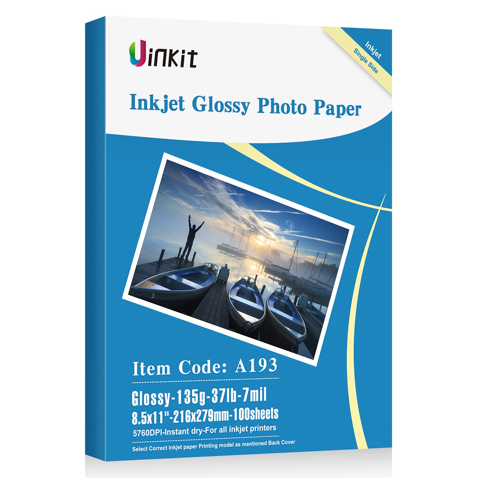 Uinkit 36lb Thin Flyer Paper Glossy 8.5x11 Inkjet 100 Sheets Single Side DIY Chip Bag 135gsm Photos Picture for Dye Ink Printer 8.5 x 11 inches Letter size A4 Brochure