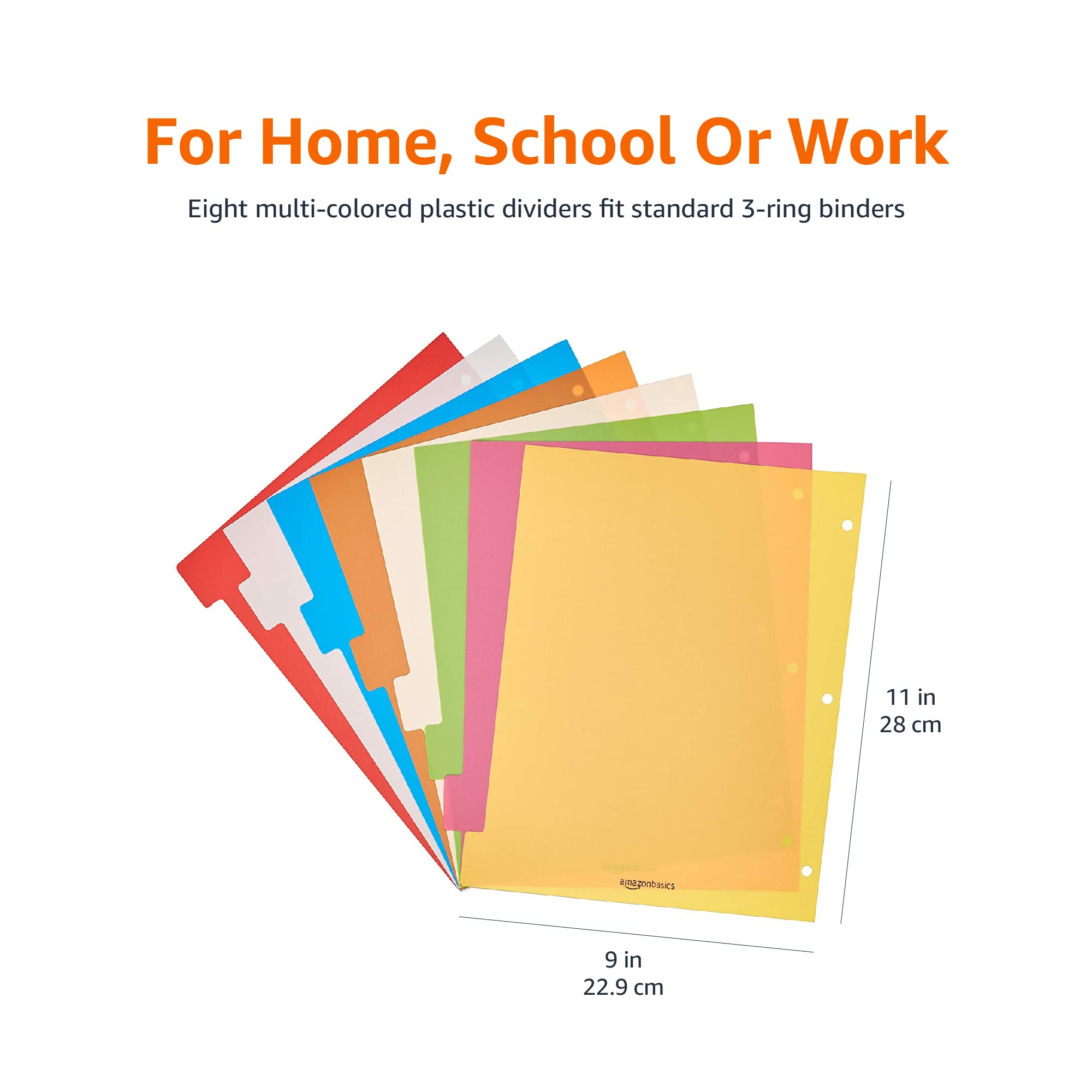 Amazon Basics 3-Ring Binder Plastic Divider Set, 3-Hole Punched Letter-Size 8-Tab Dividers - 6-Pack, Multicolor