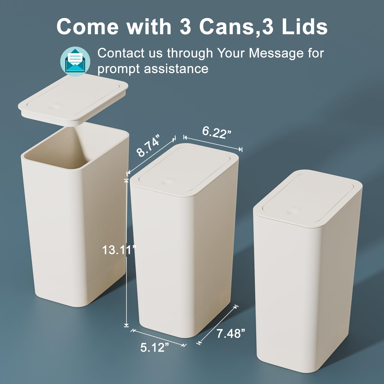 ePiiChua 3 Pack 10 Liter / 2.6 Gallon Small Trash Can with Lid, Bathroom Garbage Can with Pop-up Lid, Waste Basket for Bathroom, Kitchen, Bedroom, Powder Room, Craft Room, Office, College (White)