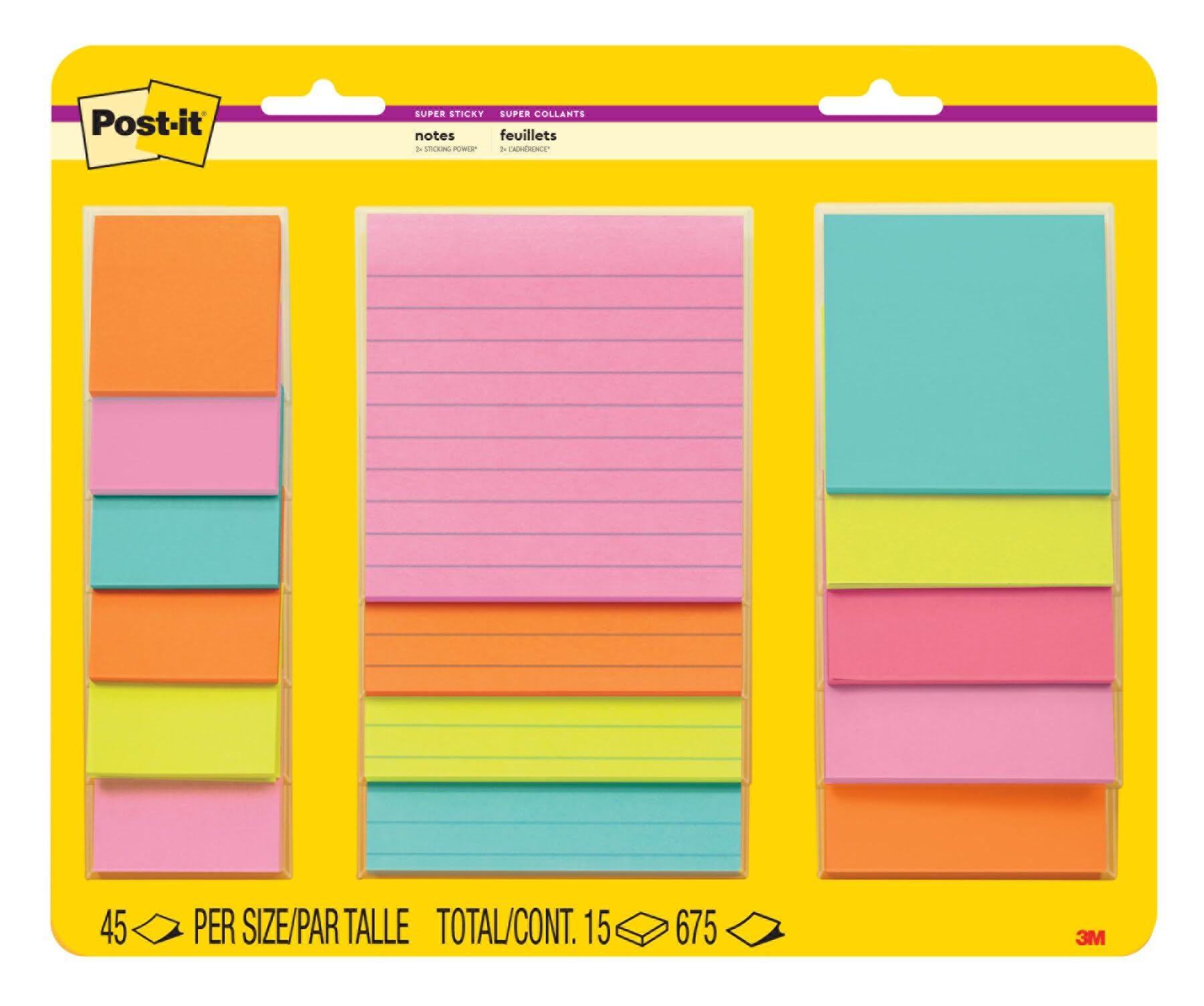 Post-it Super Sticky Notes, Assorted Sticky Notes Sizes, 15 Sticky Note Pads, 2x the Sticking Power, Supernova Neons Collection, Neon Colors, Recyclable Sticky Notes (4423-15SSMIA)