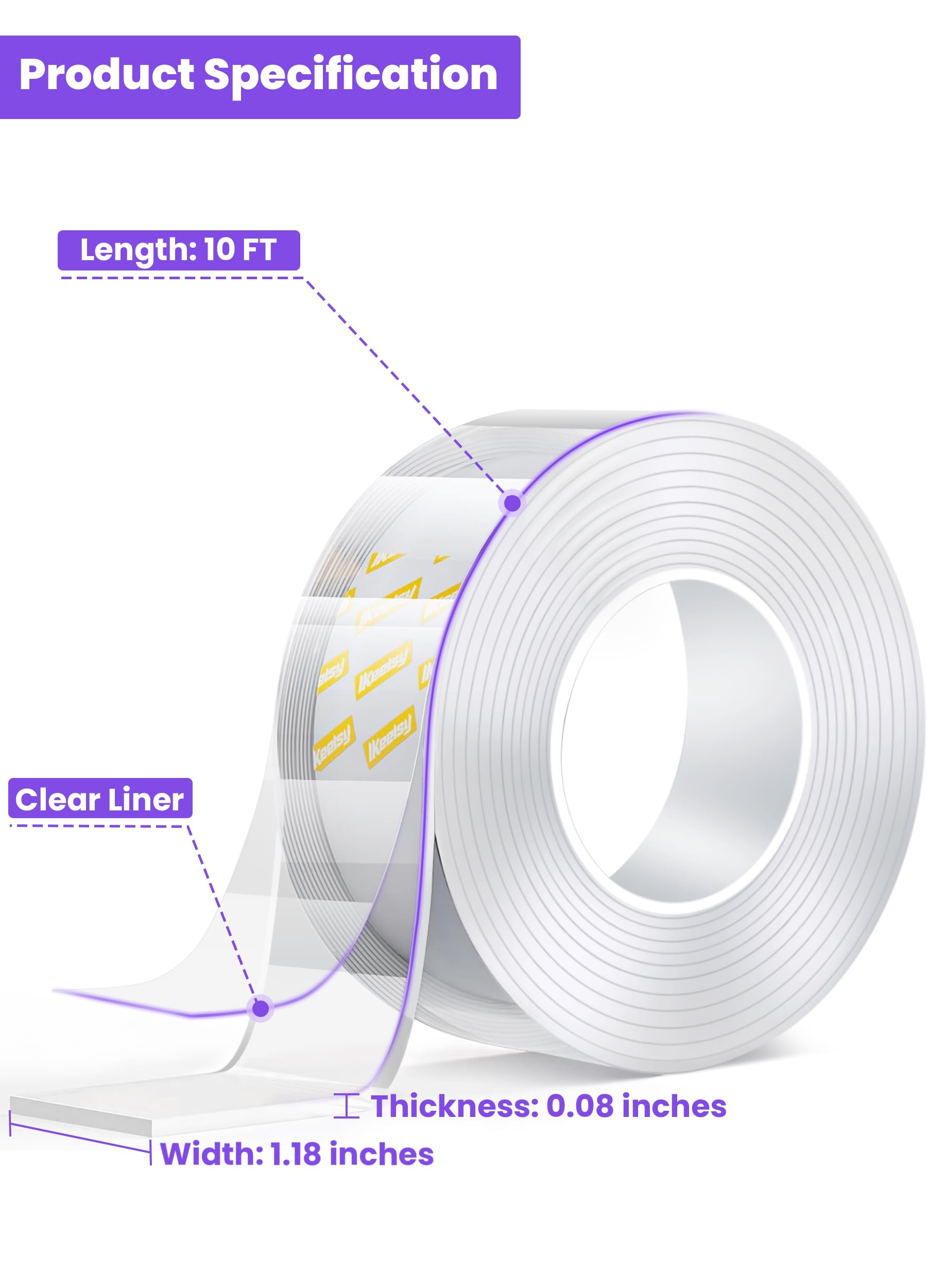 IKeelsy Double Sided Tape Removable 1.18" x 120”, Clear & Tough Nano Double Sided Tape Heavy Duty, Multipurpose Tape Picture Hanging Strip Adhesive Poster Carpet Tape
