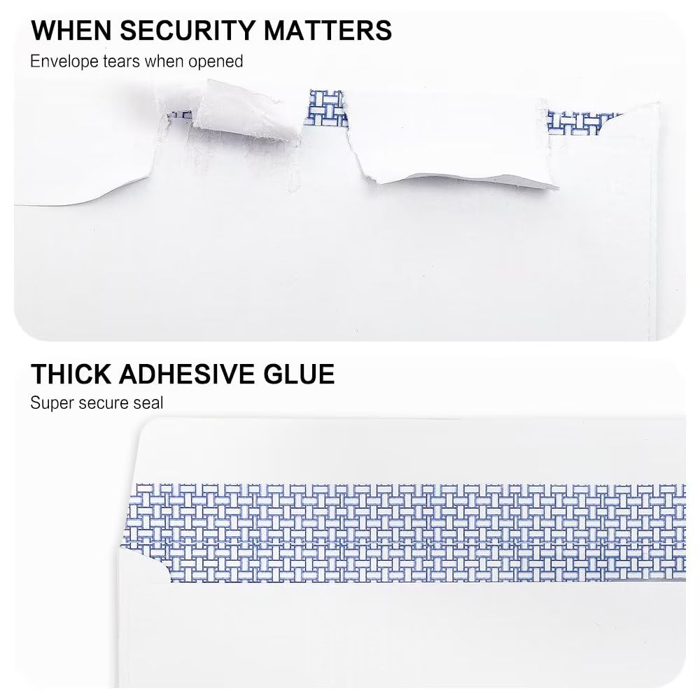 #10 Security Self-Seal Envelopes, No.10 Windowless Bussiness Envelopes, Security Tinted with Printer Friendly Design - Size 4-1/8 x 9-1/2 Inch - White - 24 LB - 500 Count