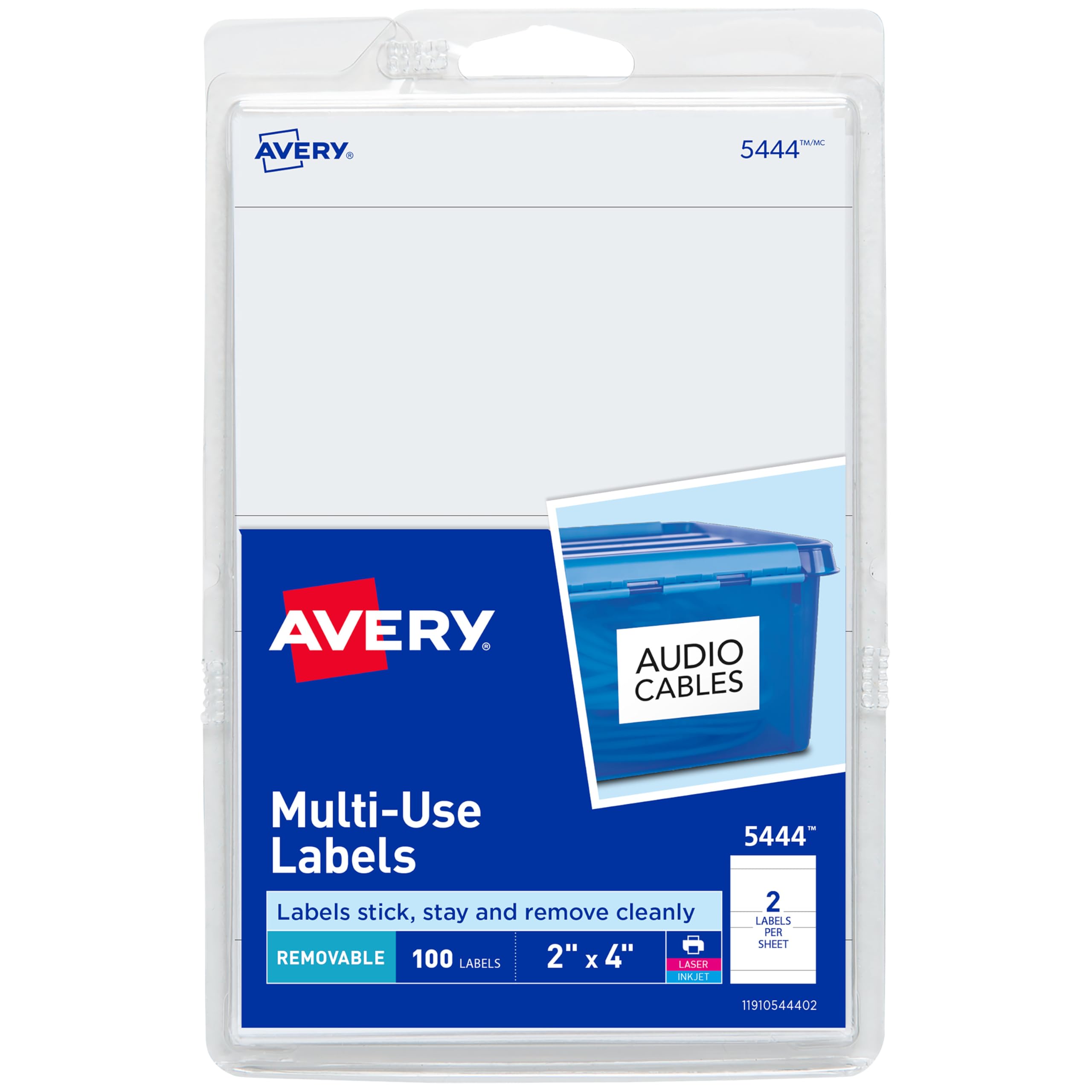 Avery Removable Print or Write 2" x 4" Labels -- Great for Home Organization Projects, Pack of 100 White Labels (5444)