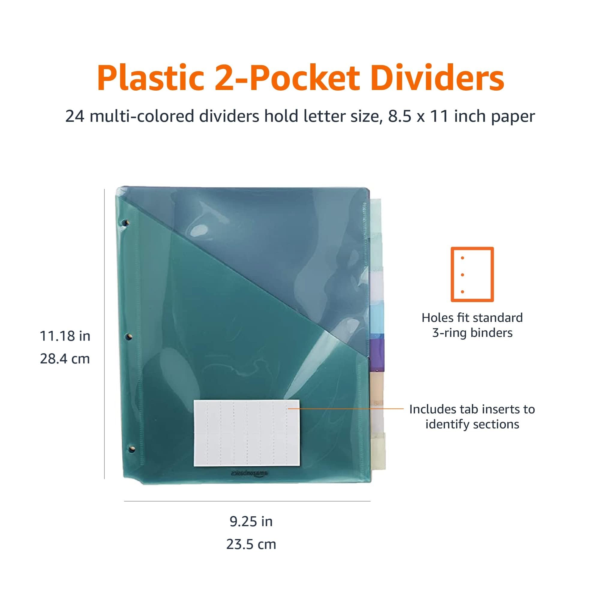 Amazon Basics Two Pocket Plastic Dividers, 8 Tab Set, Multicolor, Pack of 3 Sets