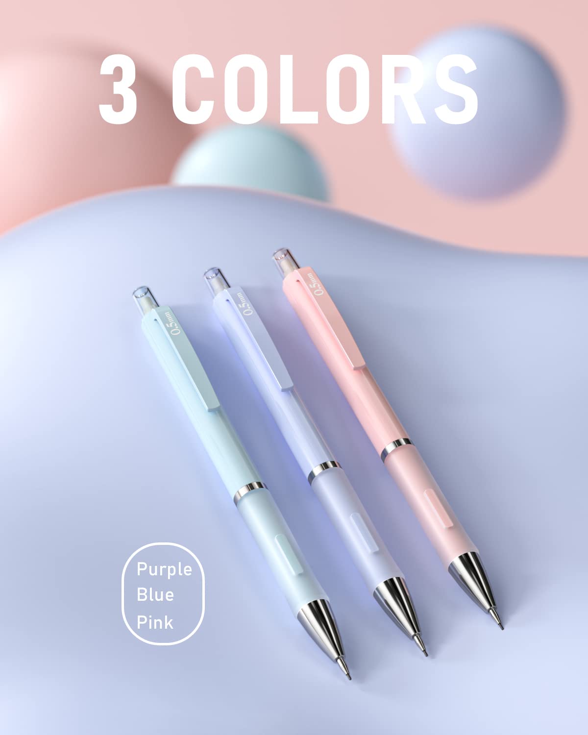 Nicpro 3 PCS Pastel Mechanical Pencil 0.5 mm for School, with 6 tubes HB Lead Refills, Erasers, Eraser Refills For Student Writing, Drawing, Sketching, Blue & Pink & Violet Colors - Come with Case