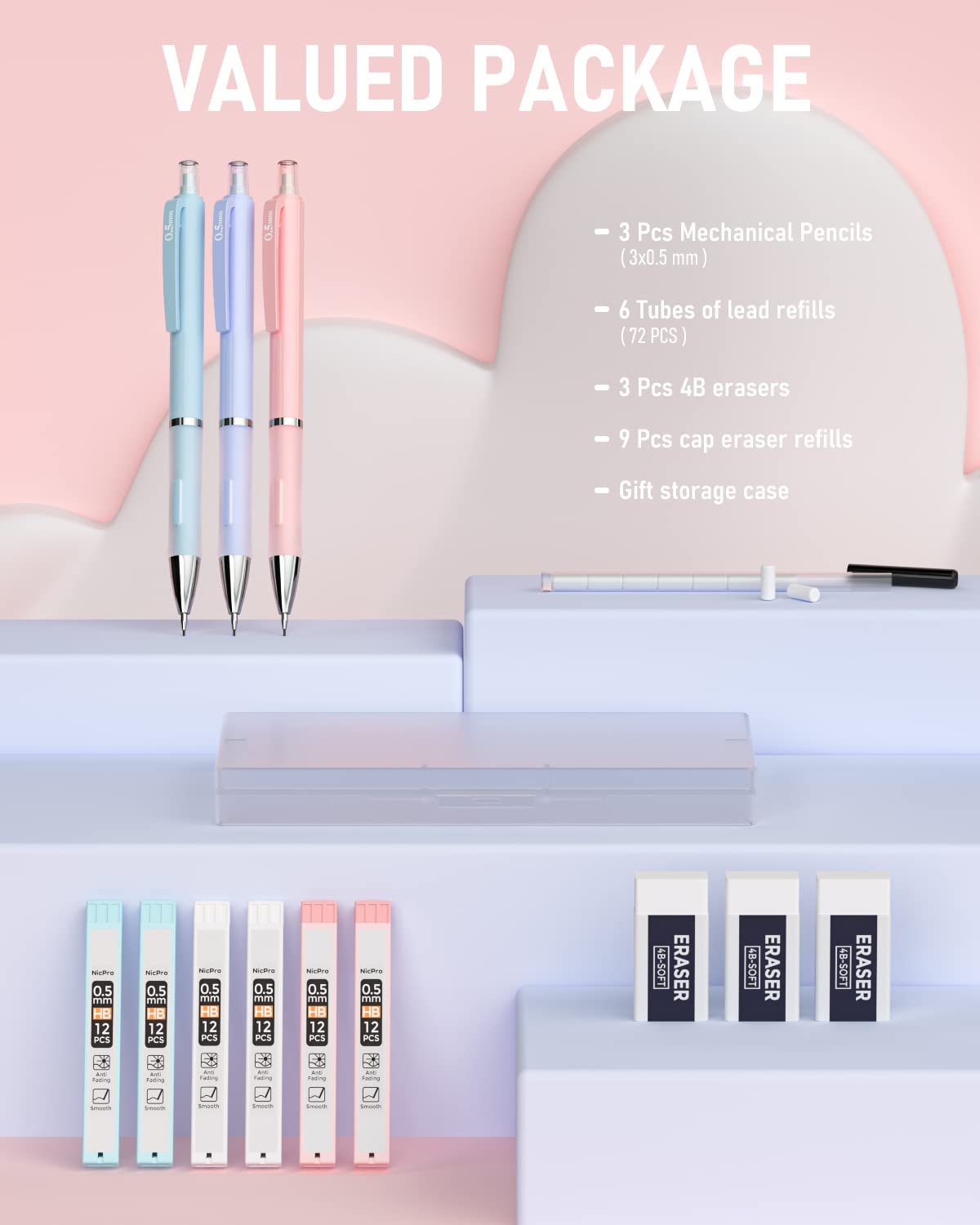 Nicpro 3 PCS Pastel Mechanical Pencil 0.5 mm for School, with 6 tubes HB Lead Refills, Erasers, Eraser Refills For Student Writing, Drawing, Sketching, Blue & Pink & Violet Colors - Come with Case