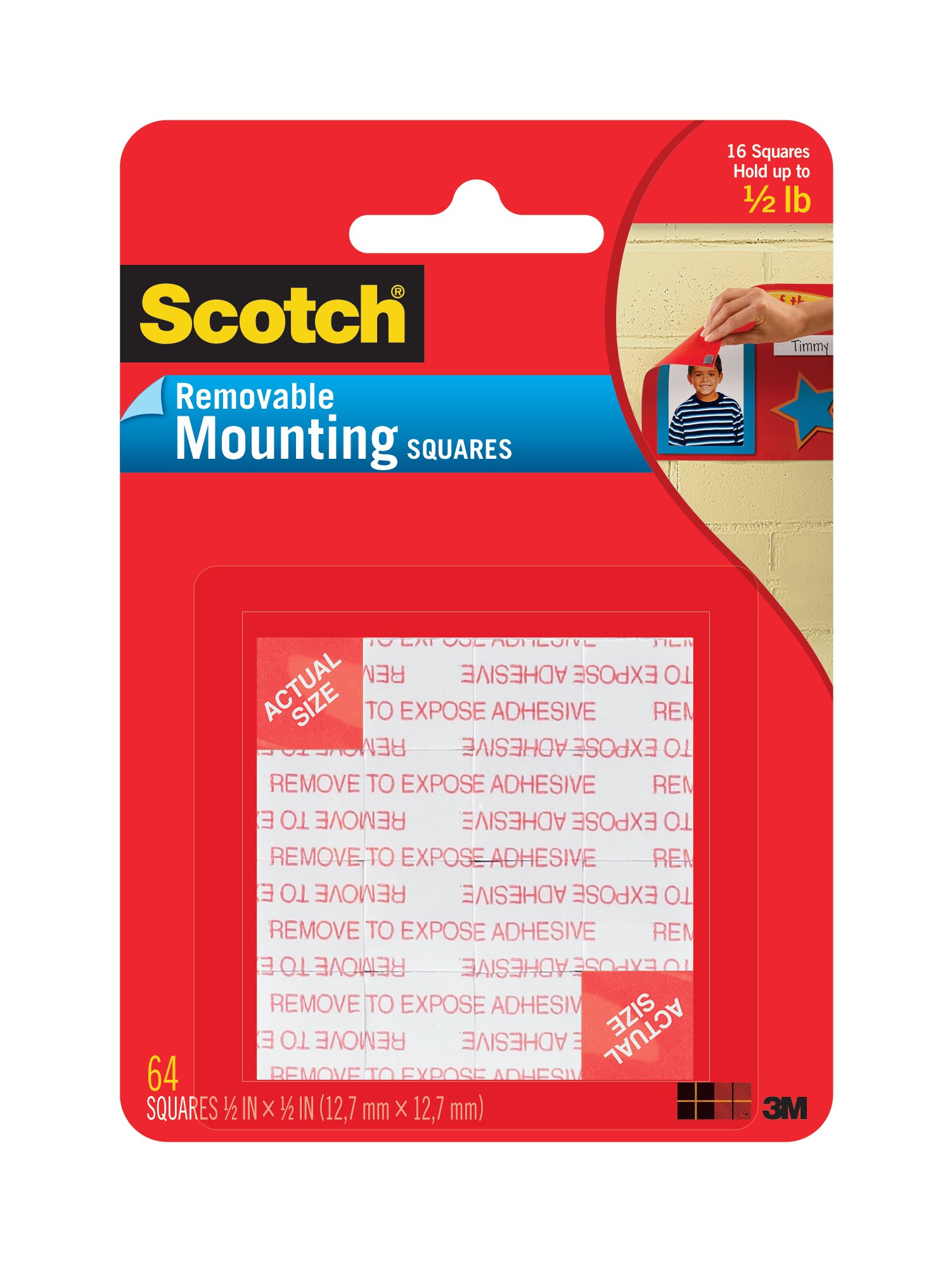 Scotch Removable Double-Sided Mounting Squares, 1/2 in x 1/2 in (1.27 cm x 1.27 cm) 64/pk