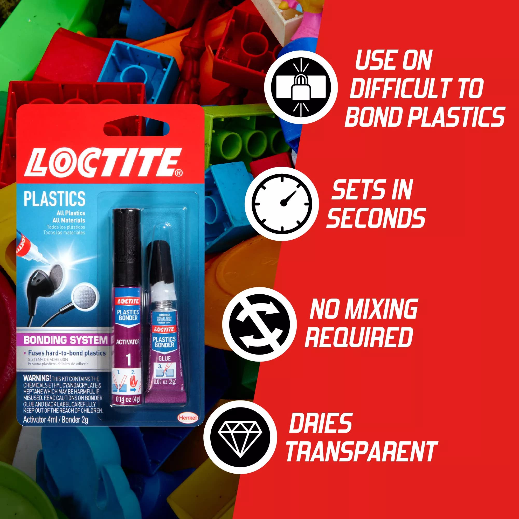 Loctite Super Glue Plastic Bonding system, Clear Superglue for Plastic, Cyanoacrylate Adhesive Instant Glue, Quick Dry - 0.14 fl oz Activator, .07 fl oz Glue, Pack of 1