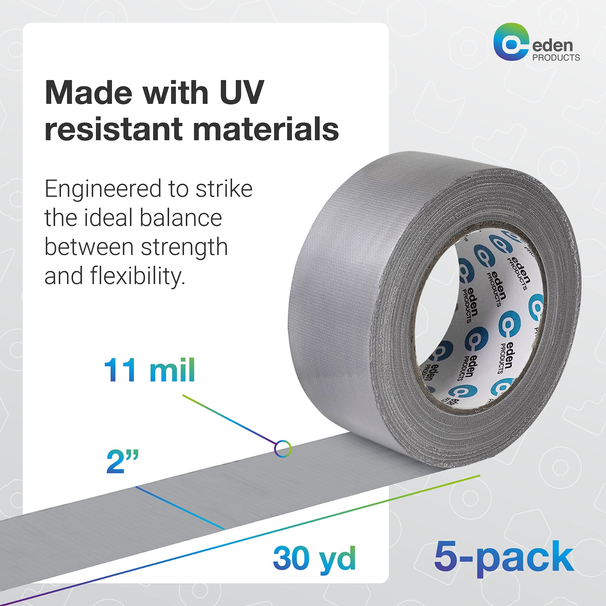 EdenProducts Duct Tape Heavy Duty Waterproof Bulk 5 Pack, Strong Industrial Max Strength Gray Tape Multi Roll Pack, Silver 30 Yards x 2 Inches, Indoor & Outdoor Use, No Residue, Tear by Hand