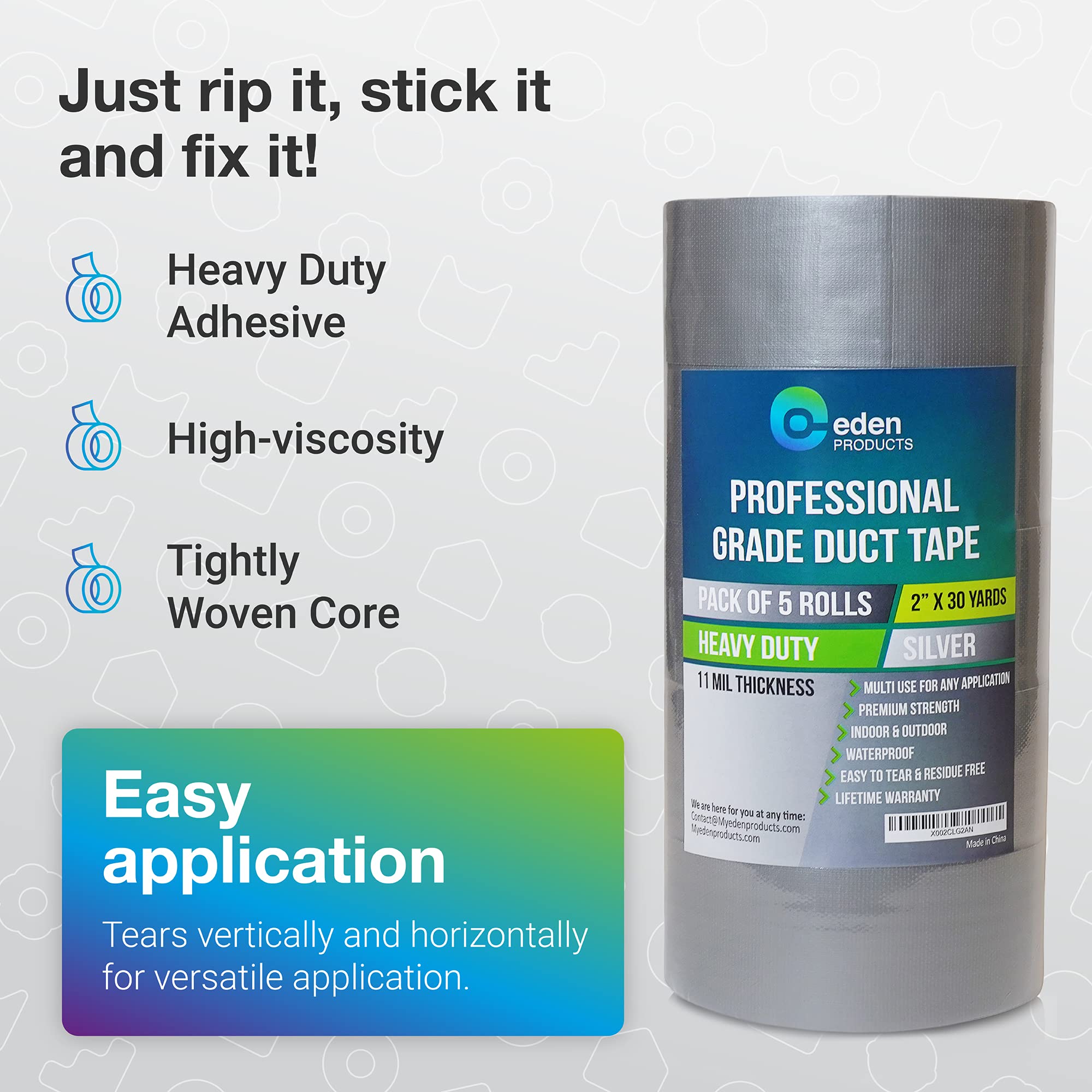 EdenProducts Duct Tape Heavy Duty Waterproof Bulk 5 Pack, Strong Industrial Max Strength Gray Tape Multi Roll Pack, Silver 30 Yards x 2 Inches, Indoor & Outdoor Use, No Residue, Tear by Hand