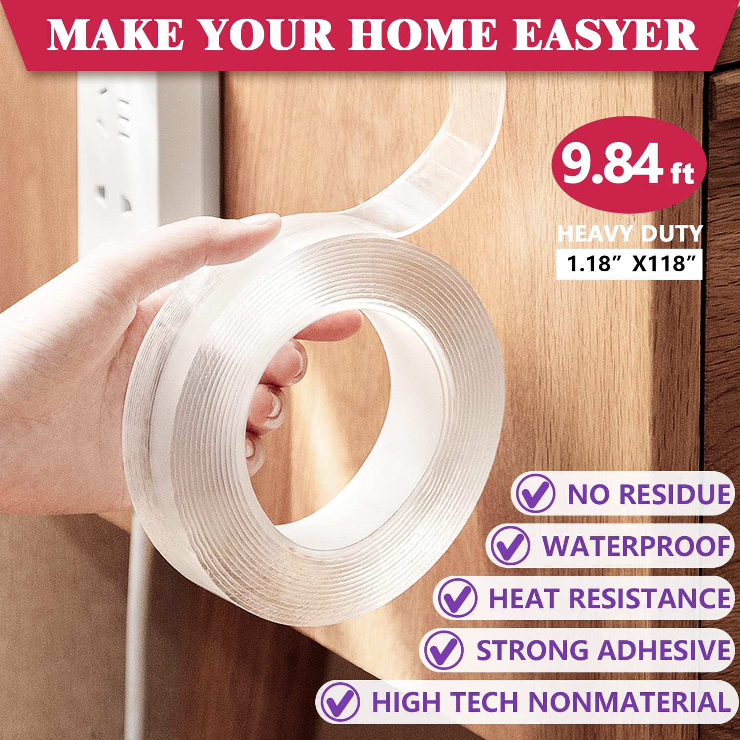 Nano Double Sided Tape Heavy Duty,Multipurpose Transparent Poster Tape, Adhesive Strips Strong Sticky Mounting Tape Transparent Tape Picture Hanging Strips Gel Tape (Transparent, 9.84FT)