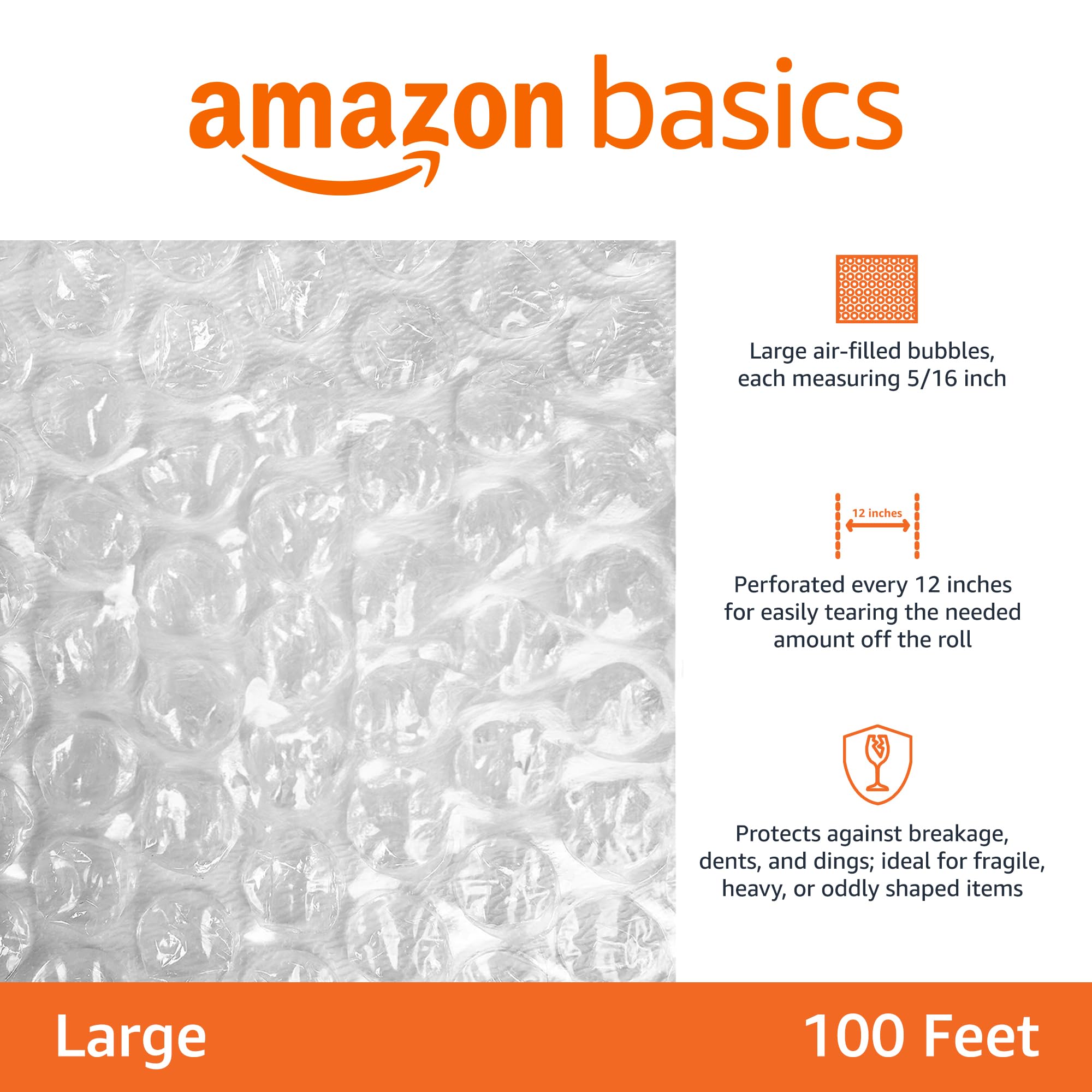 Amazon Basics Perforated Bubble Cushioning Wrap - Medium 5/16", 12-Inch x 100-Foot Long Roll
