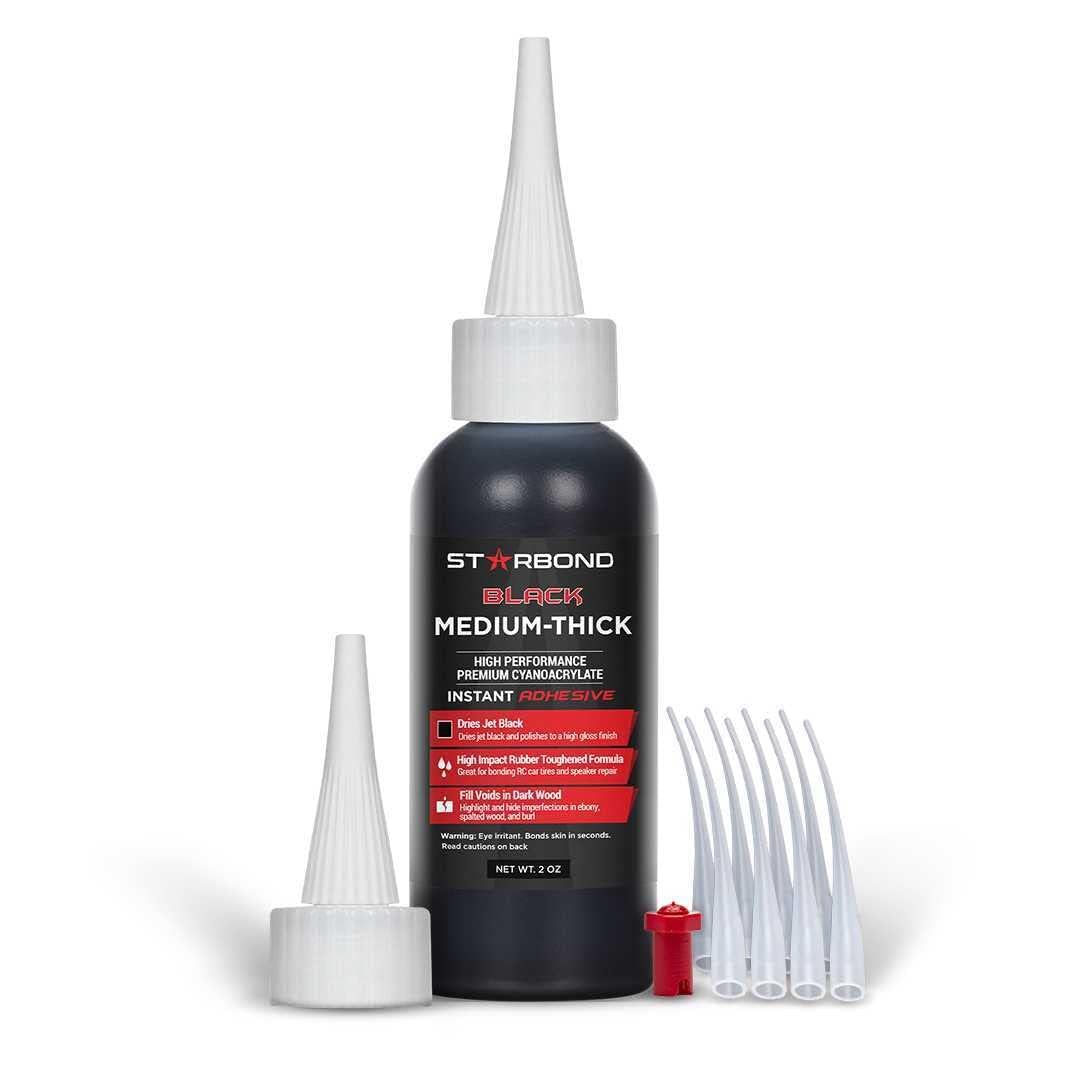 Premium Grade Cyanoacrylate (CA) Super Glue by STARBOND - 2 OZ PRO Pack (56-Gram) - Black Medium-Thick Knot Filler 500 CPS Viscosity Adhesive for Woodworking, Woodturning, Carpentry
