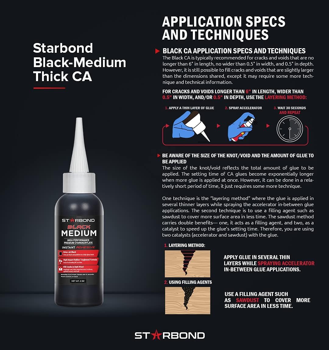 Premium Grade Cyanoacrylate (CA) Super Glue by STARBOND - 2 OZ PRO Pack (56-Gram) - Black Medium-Thick Knot Filler 500 CPS Viscosity Adhesive for Woodworking, Woodturning, Carpentry
