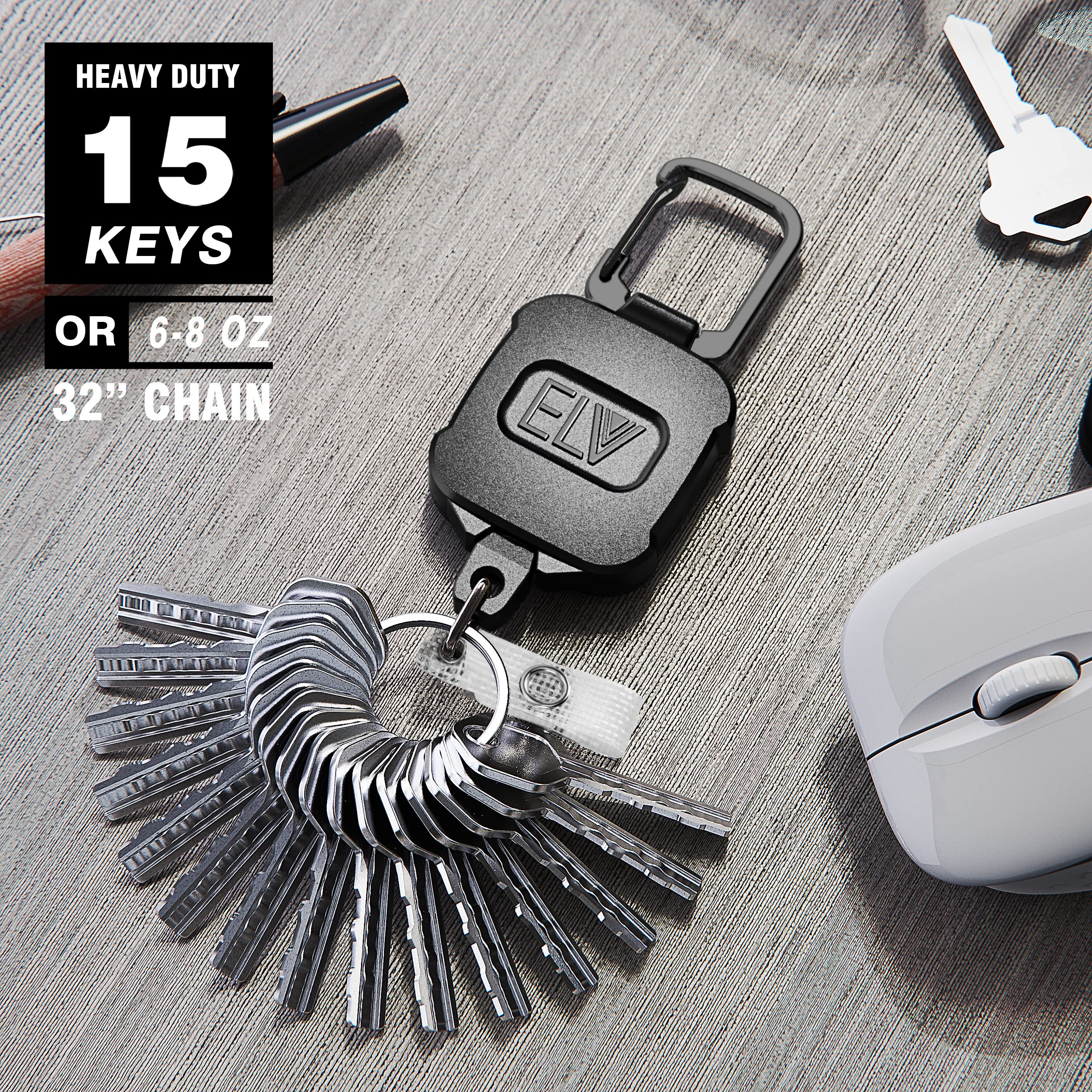 2 Pack ELV Self Retractable ID Badge Holder Key Reel, Heavy Duty, 32 Inches Cord, Carabiner Key Chain, Retractable Keychain Key Holder, Hold Up to 15 Keys and Tools (Black)