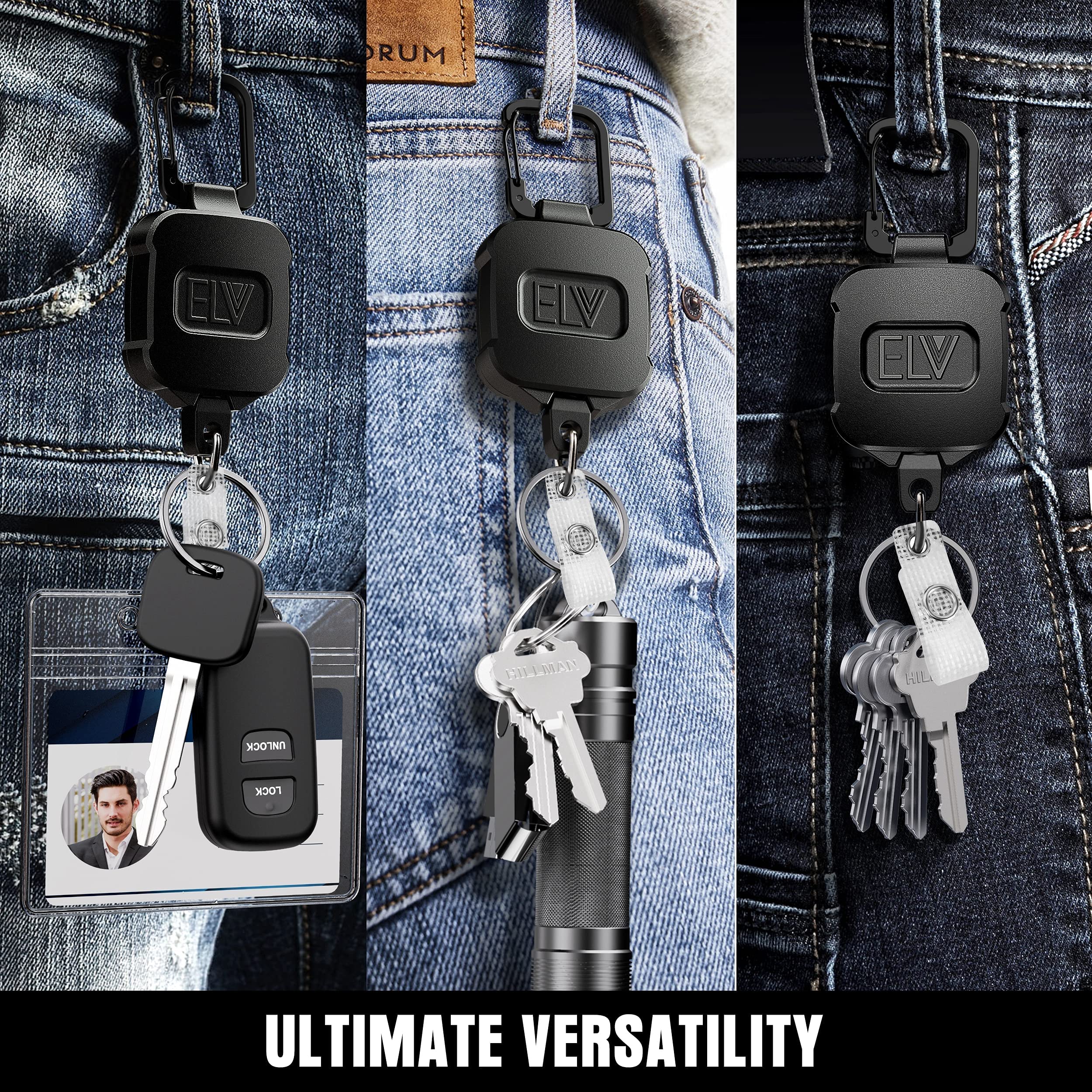 2 Pack ELV Self Retractable ID Badge Holder Key Reel, Heavy Duty, 32 Inches Cord, Carabiner Key Chain, Retractable Keychain Key Holder, Hold Up to 15 Keys and Tools (Black)
