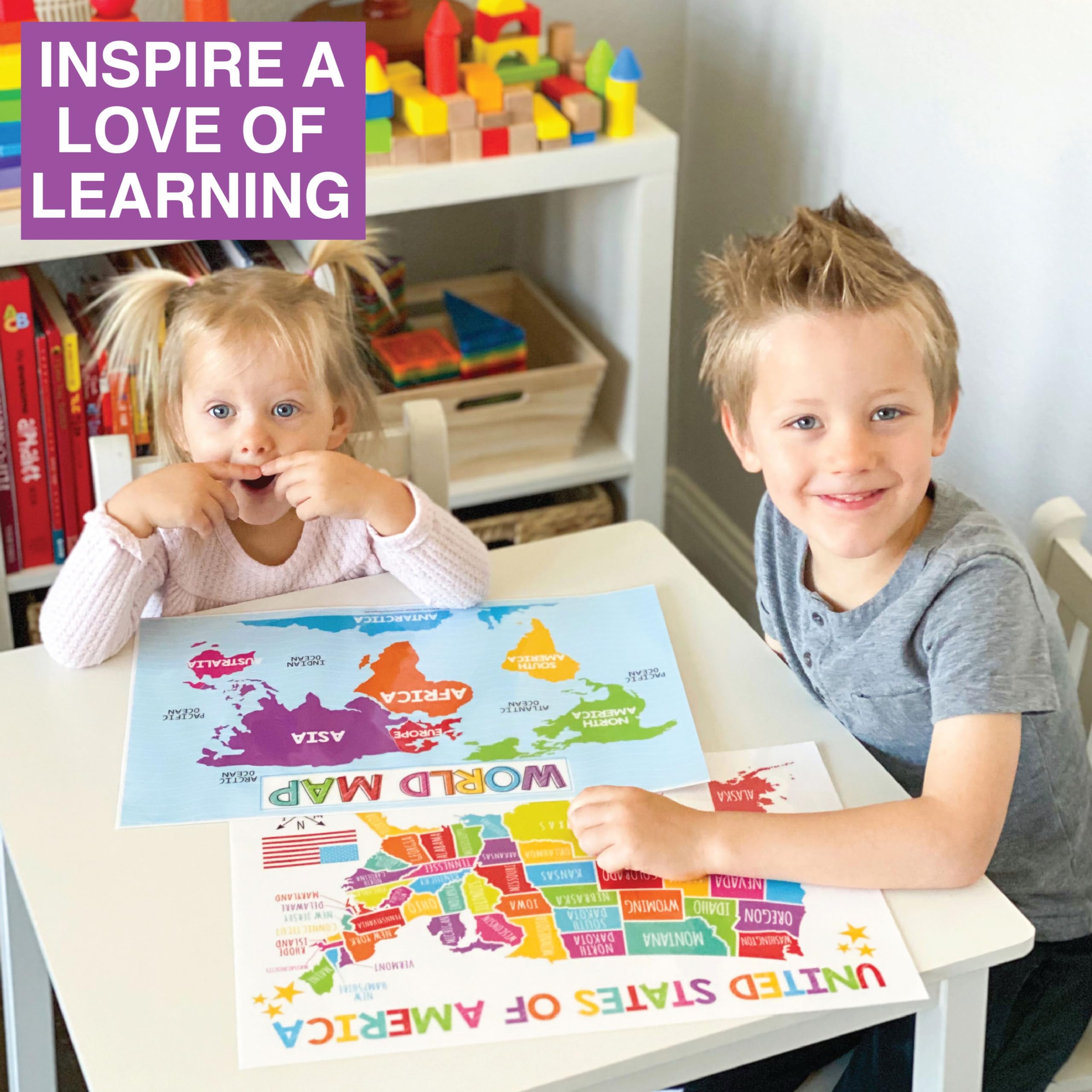 16 Educational Posters for Classroom Decor & Kindergarten Homeschool Supplies Baby to 3rd Grade Kids, Laminated PreK Learning Chart Materials β US & World Map, ABC Alphabet, Shapes, Days of the Week