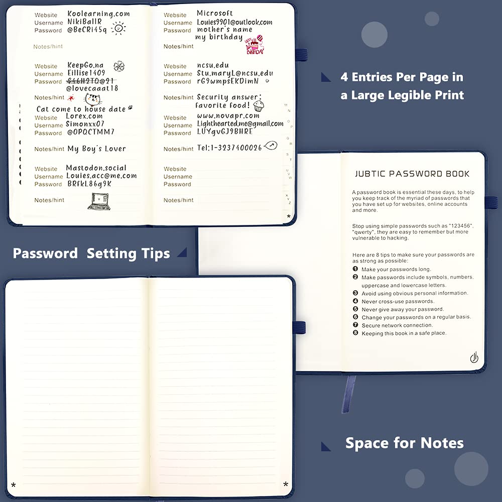 JUBTIC Password Book with Alphabetical Tabs. Medium Size Password Keeper Logbook for Internet Website Address Log in Detail. Hardcover Password Notebook & Organizer for Home Office, Navy Blue