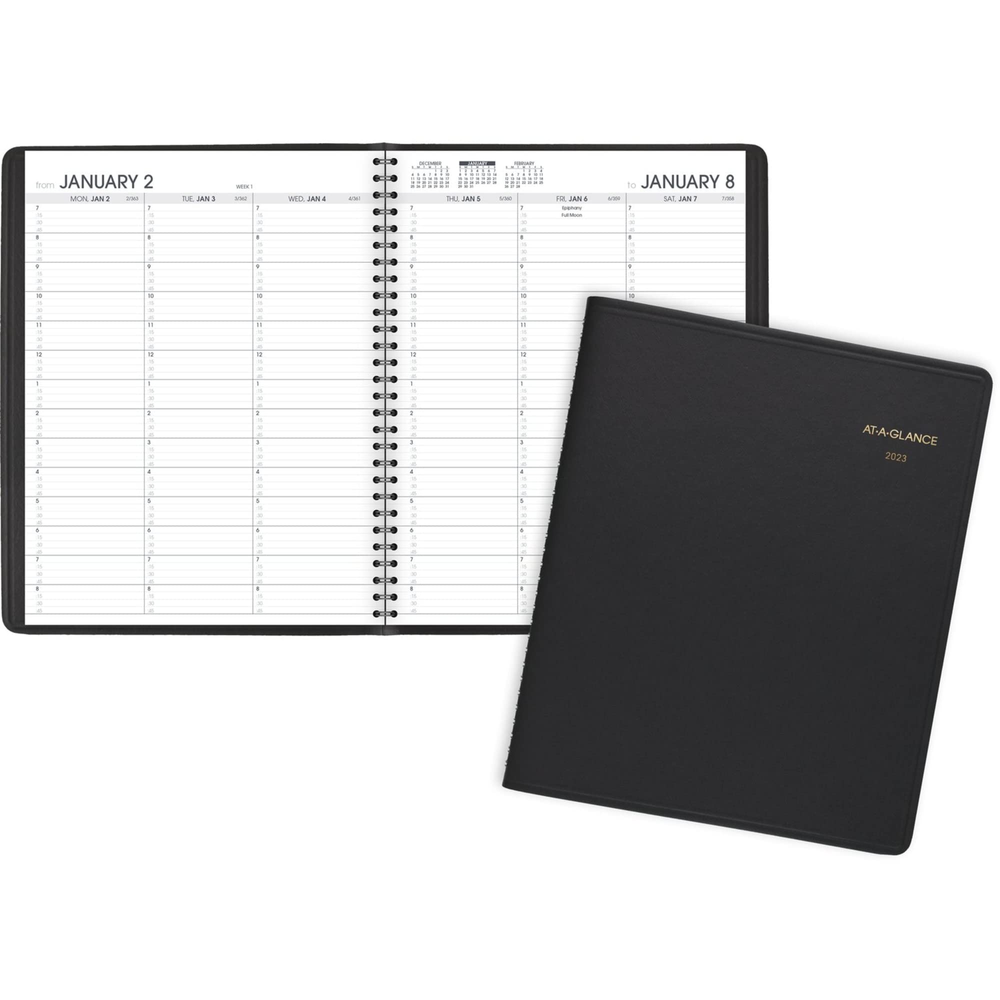 AT-A-GLANCE 2023 Weekly Planner, Quarter-Hourly Appointment Book, 8-1/4" x 11", Large, Black (7095005)