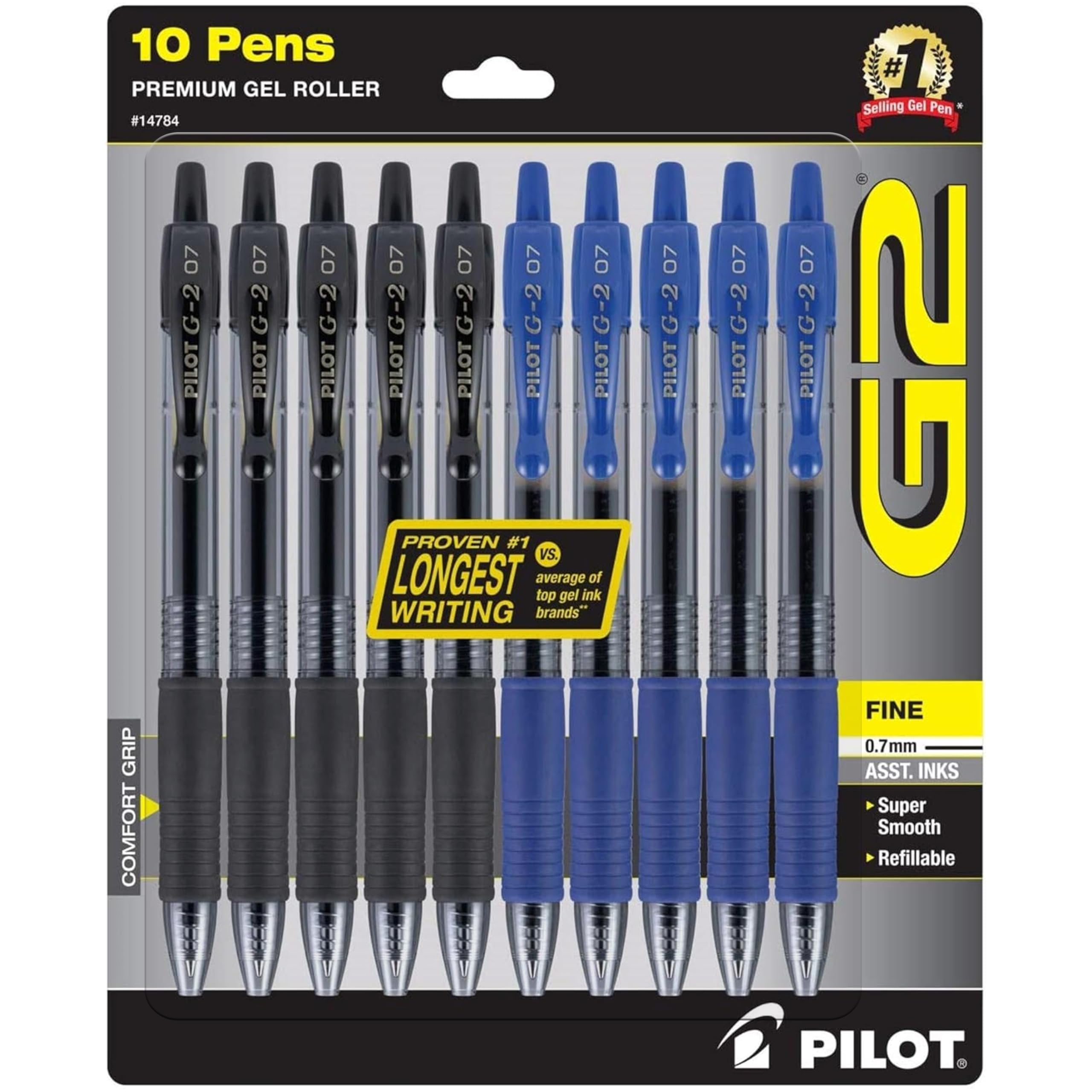 PILOT G2 Premium gel Pens, Fine Point Gel Ink Pen, 0.7 mm, Refillable & Retractable Rolling Ball, 5 Black and 5 Blue pens (Bulk pack of 10 Pens) (14784)