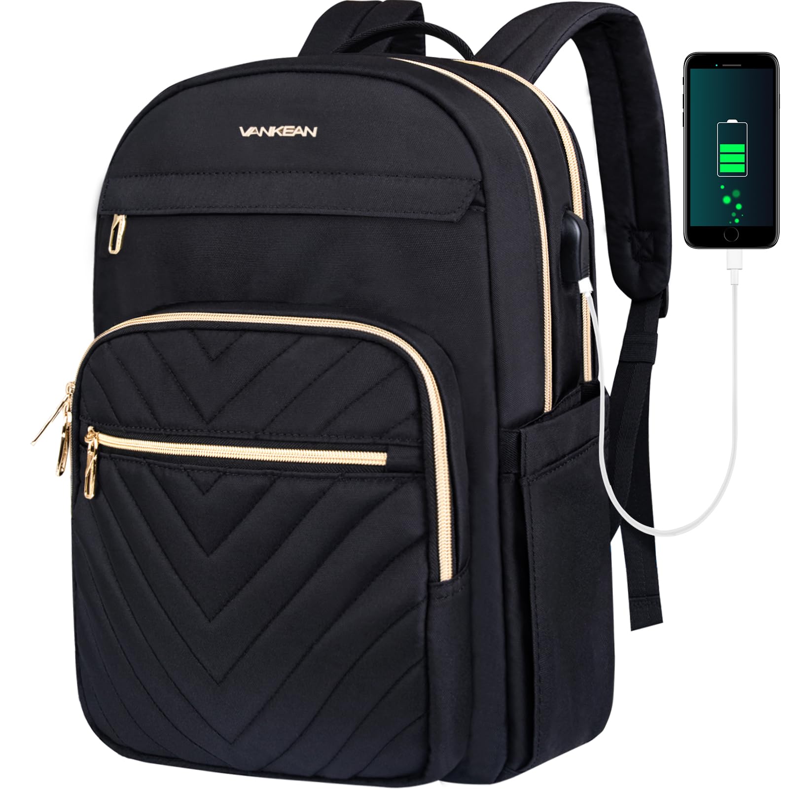 VANKEAN 15.6 Inch Laptop Backpack for Women Men Work Laptop Bag Fashion with USB Port, Waterproof Backpacks Teacher Nurse Stylish Travel Bags Casual Daypacks for School, College, Business, Black