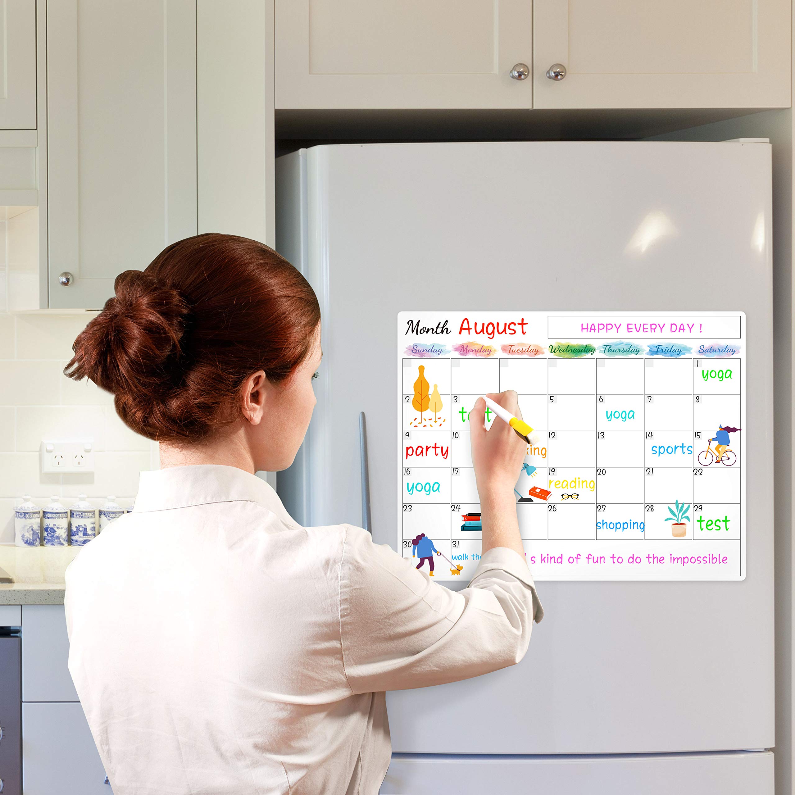 Dry Erase Fridge Magnetic Calendar - White Board Magnetic Calendar for Refrigerator Magnetic Calendar Kitchen Decor, 15"x 11.5", Calendar with Thin Protective Film and Grocery List Magnet Pad