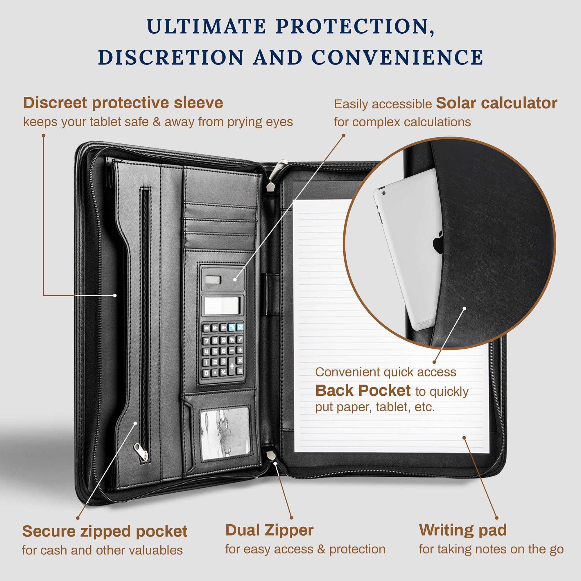 COSSINI Black Superior Vegan Leather Business Portfolio with Zipper – Padfolio All-in-One - Smartest Protective 10.1 Inch Tablet Sleeve, Presentation Slot, Solar Calculator, Card Storage, Writing Pad