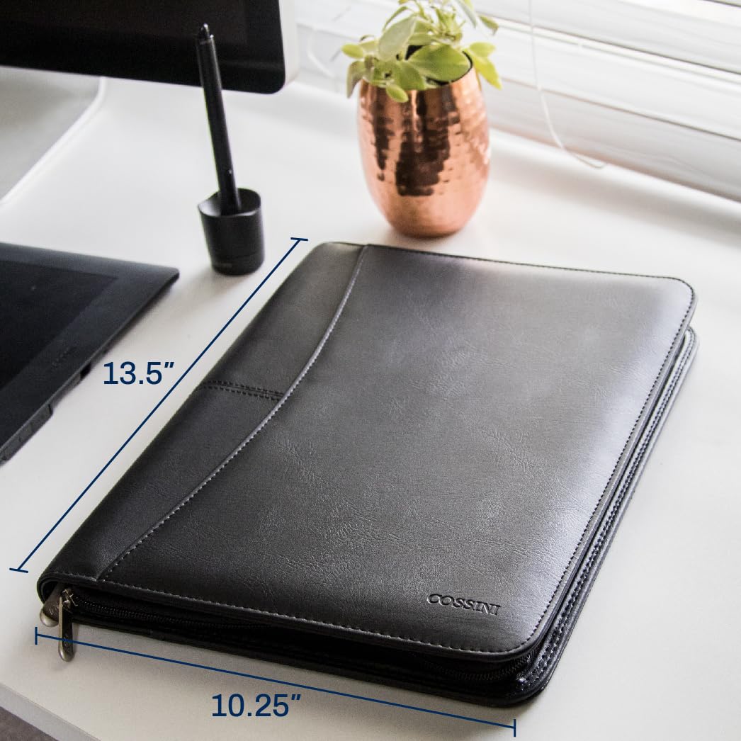 COSSINI Black Superior Vegan Leather Business Portfolio with Zipper – Padfolio All-in-One - Smartest Protective 10.1 Inch Tablet Sleeve, Presentation Slot, Solar Calculator, Card Storage, Writing Pad