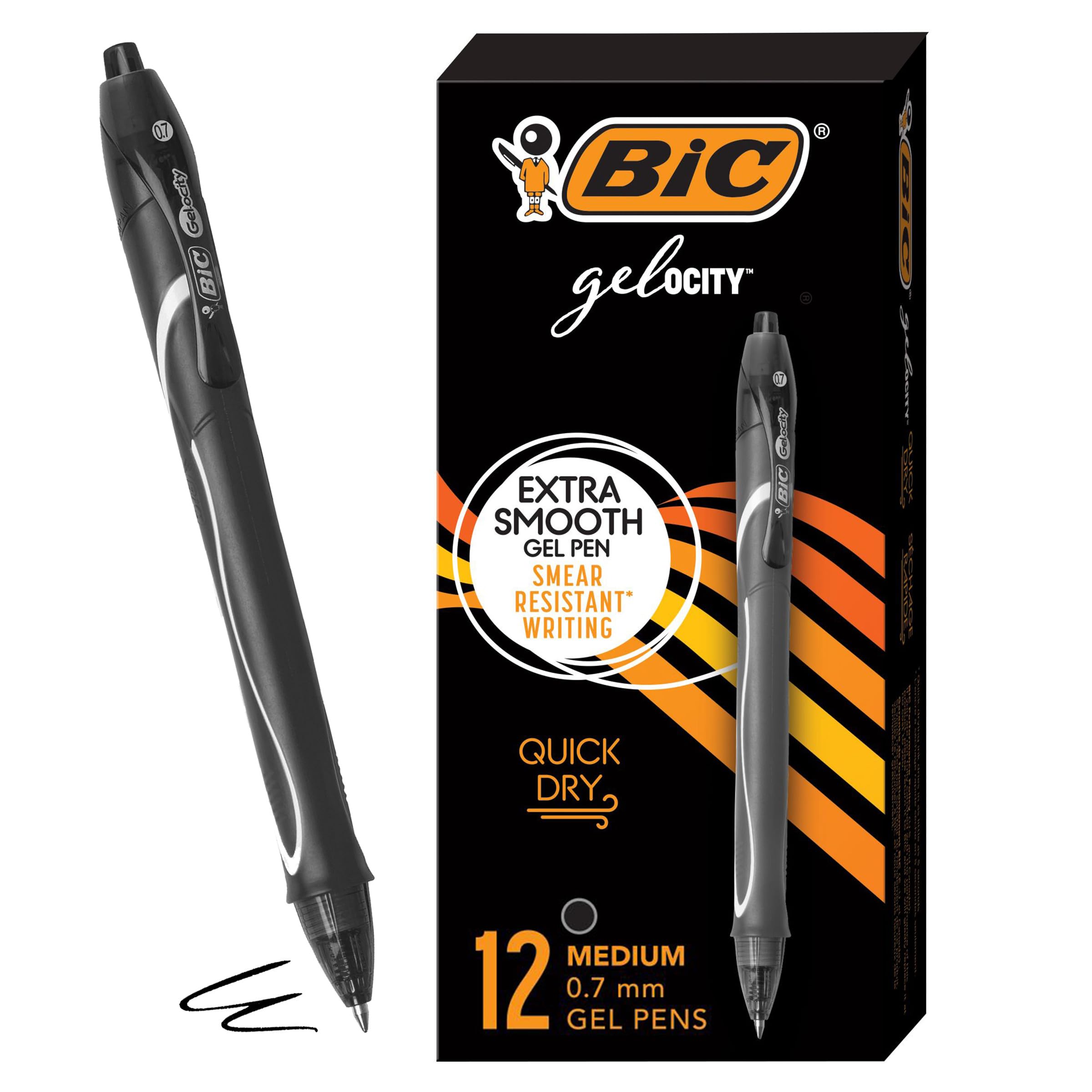 BIC Gel-ocity Quick Dry Black Gel Pens, Medium Point (0.7mm), 12-Count Pack, Retractable Gel Pens With Comfortable Full Grip