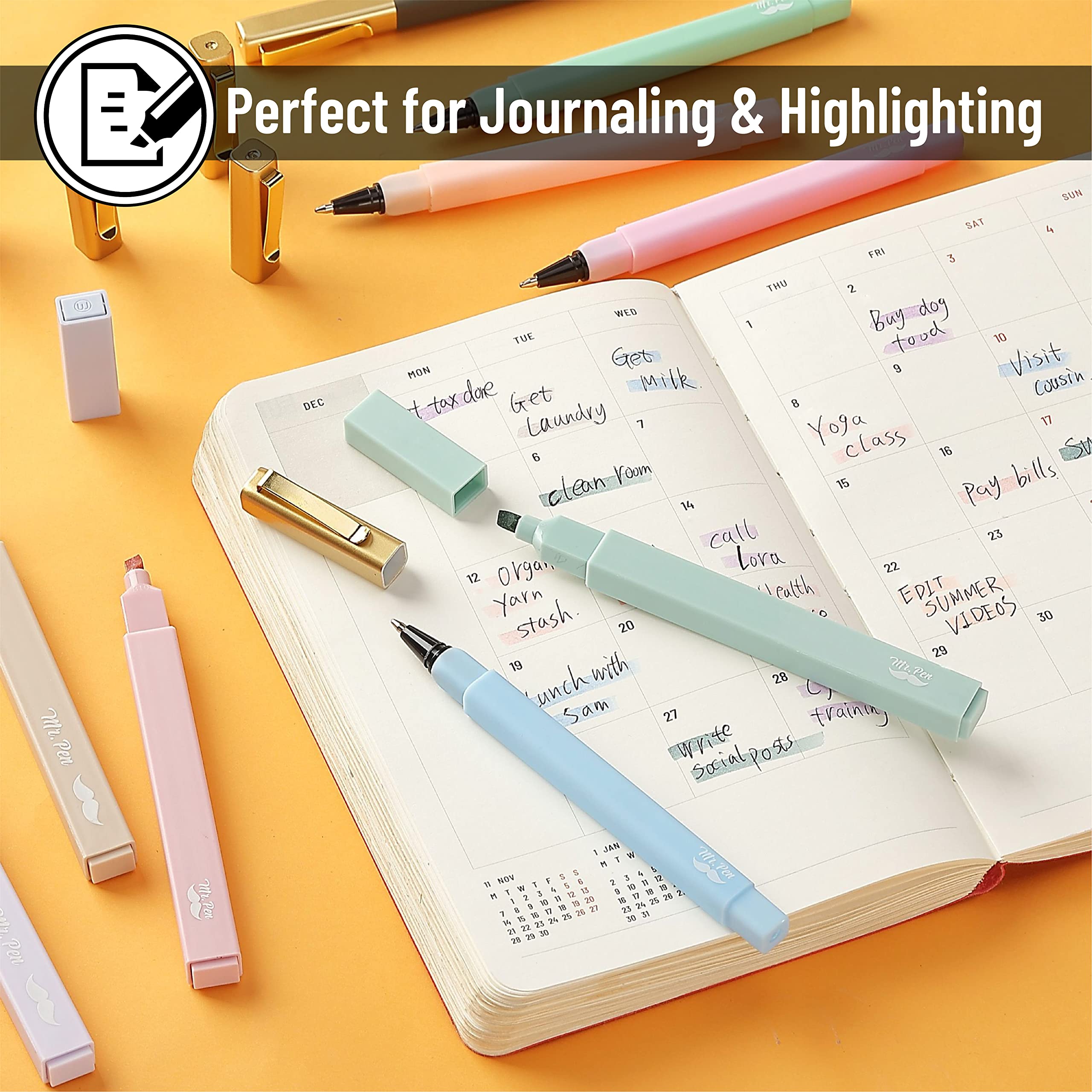 Mr. Pen- Aesthetic Highlighters and Pens No Bleed, 12 Pack, Pastel Color Bible Highlighters No Bleed, Black Ink Bible Pens, Highlighter Pens, No Bleed Highlighters for Bibles, Bible Pens