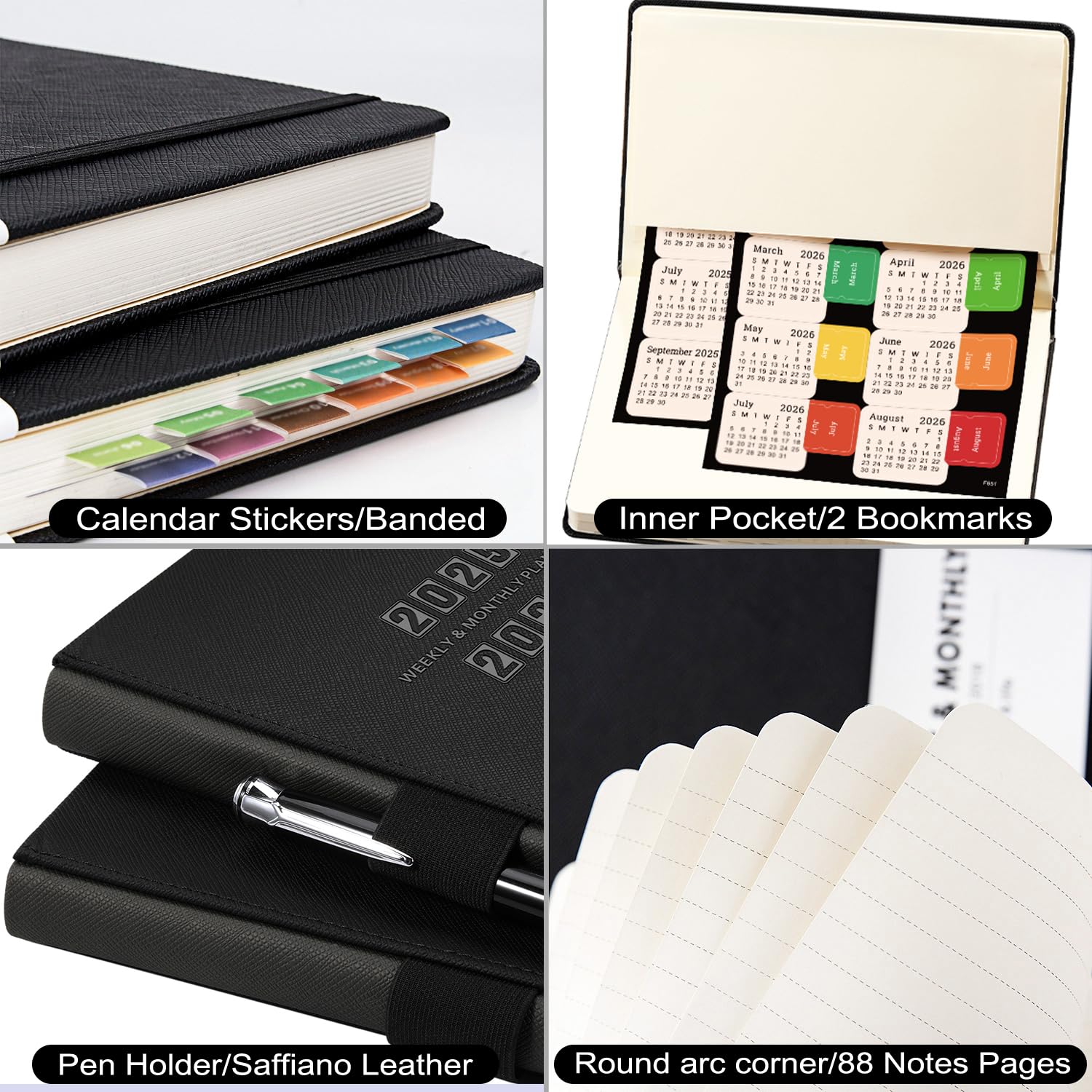 2023 Planner - 18-Months Weekly Monthly Planner 2023, January 2023 - June 2024, 5.75" x 8.25", Saffiano Leather with Thick Paper, Back Pocket with 32 Notes Pages - Black